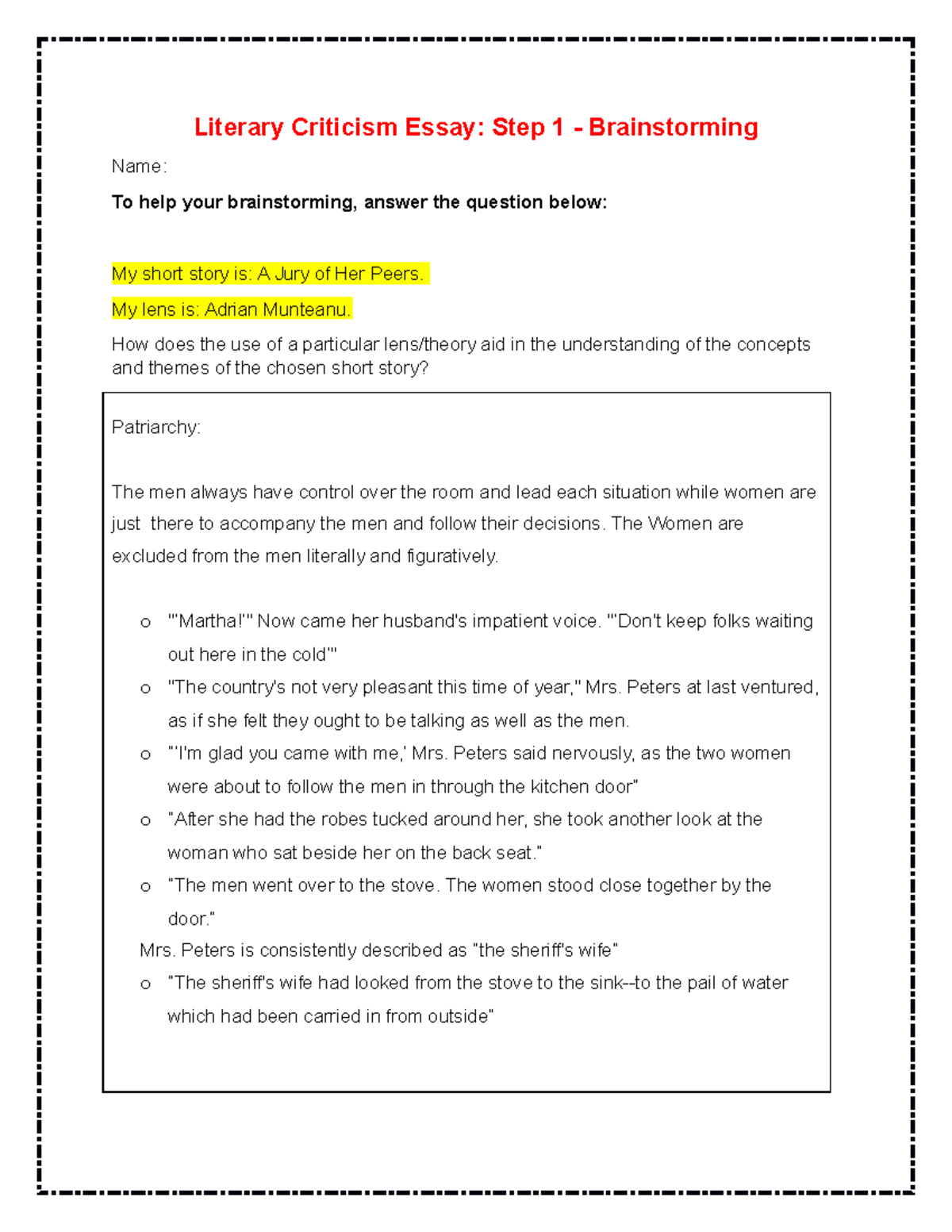 4U Lit Crit Essay Step 1 Brainstorming - Literary Criticism Essay: Step ...