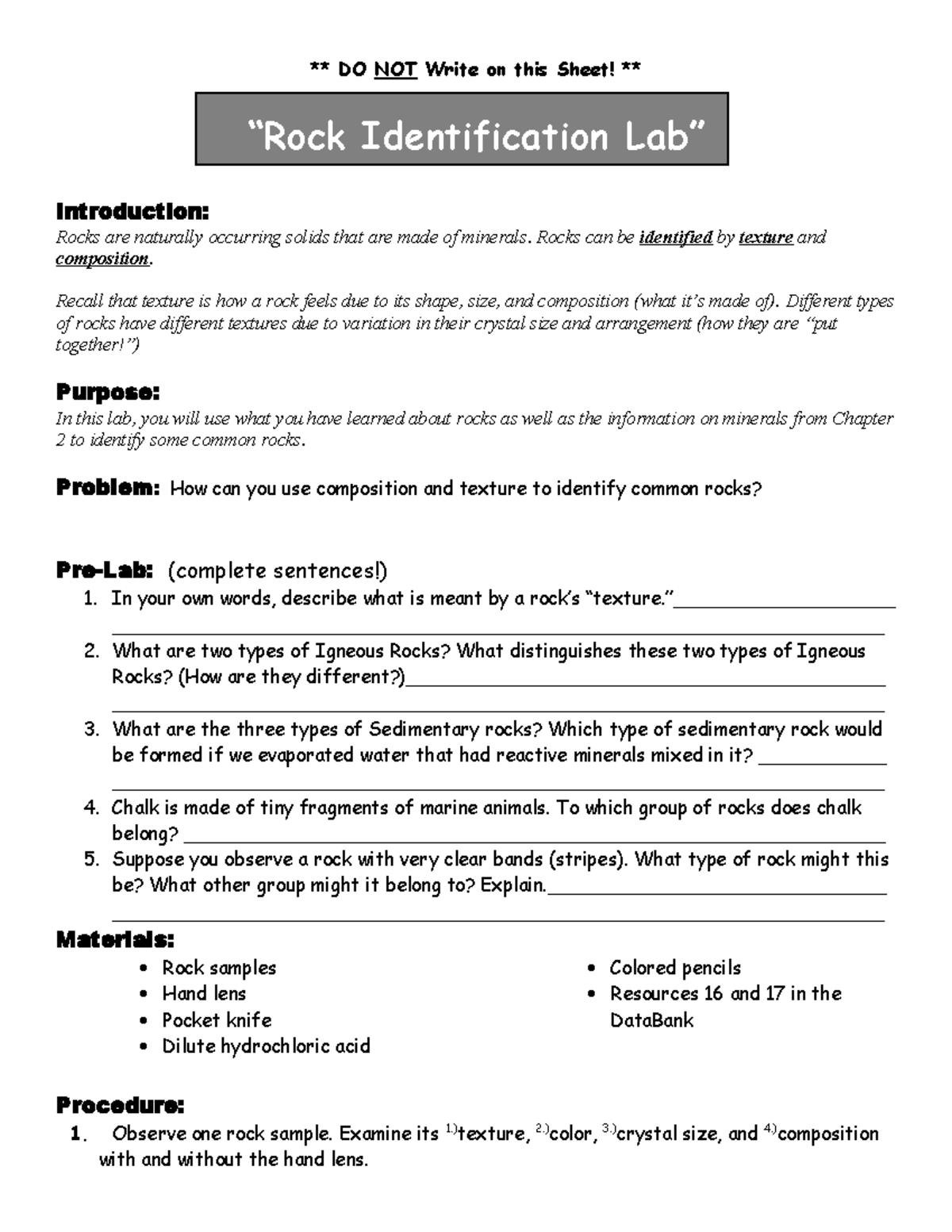 Rock Identification Lab - ** DO NOT Write on this Sheet! ** “Rock ...
