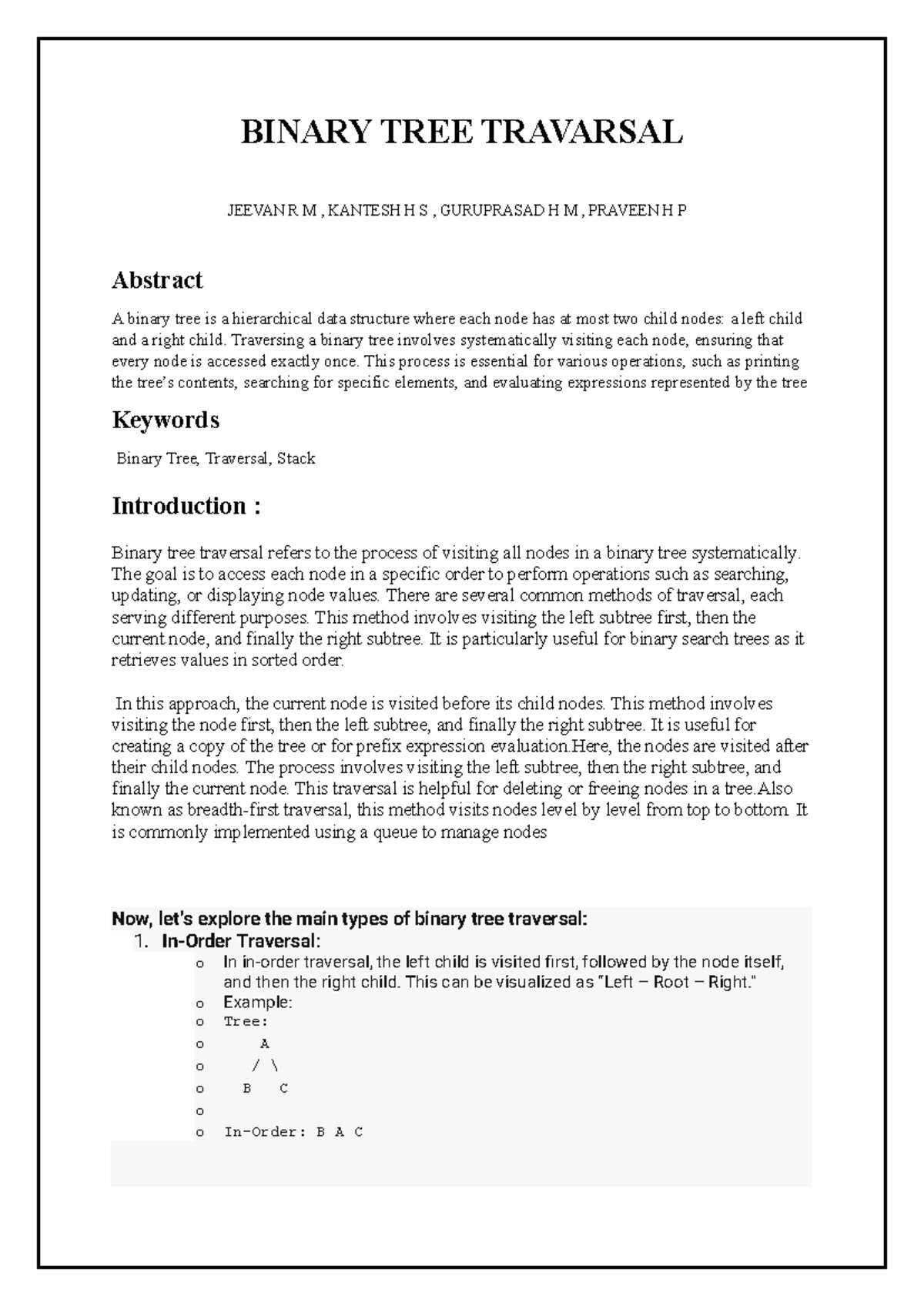 DAA Paper - daa subject - BINARY TREE TRAVARSAL JEEVAN R M , KANTESH H ...