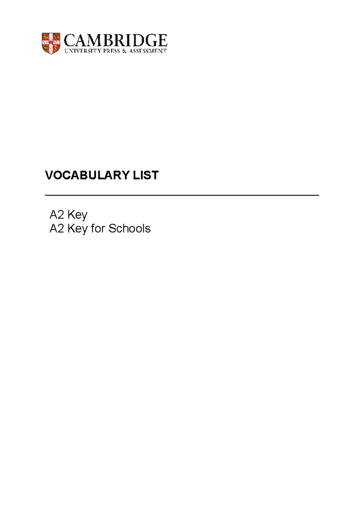 Vocabulary list A2 - lista di vocaboli in inglese in preparazione del ...