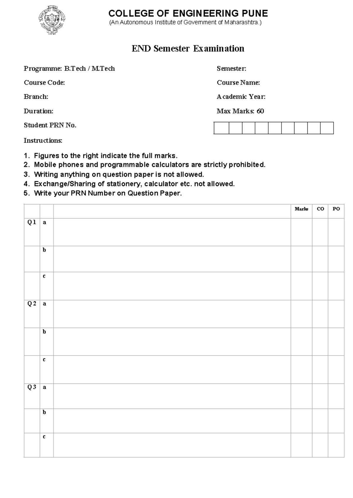 END Semester Examination Question Paper Format of autonomous college ...