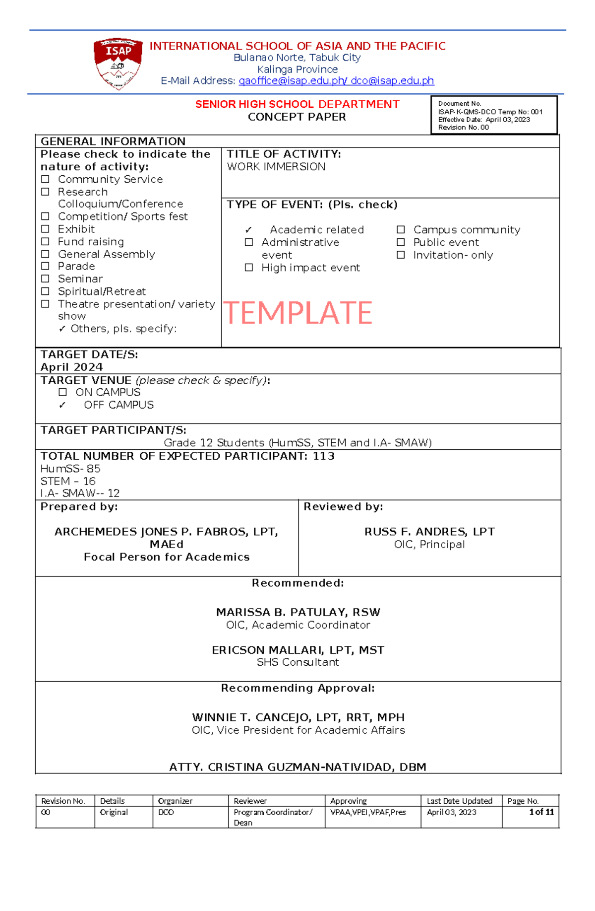 New Work Immersion Concept Paper - TEMPLATE Document No. ISAP-K-QMS-DCO ...