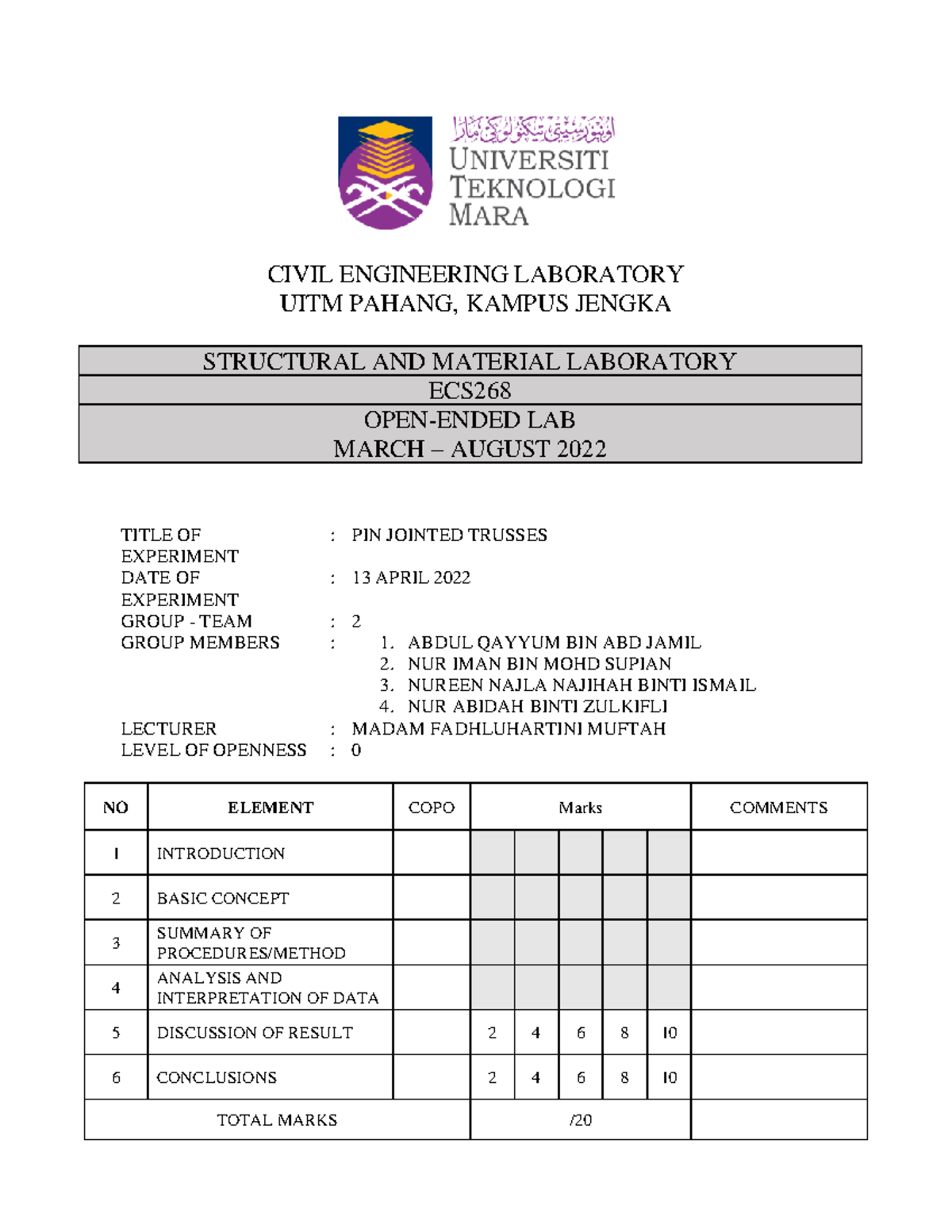 ECS268 LAB Report PIN Jointed Trusses - CIVIL ENGINEERING LABORATORY ...