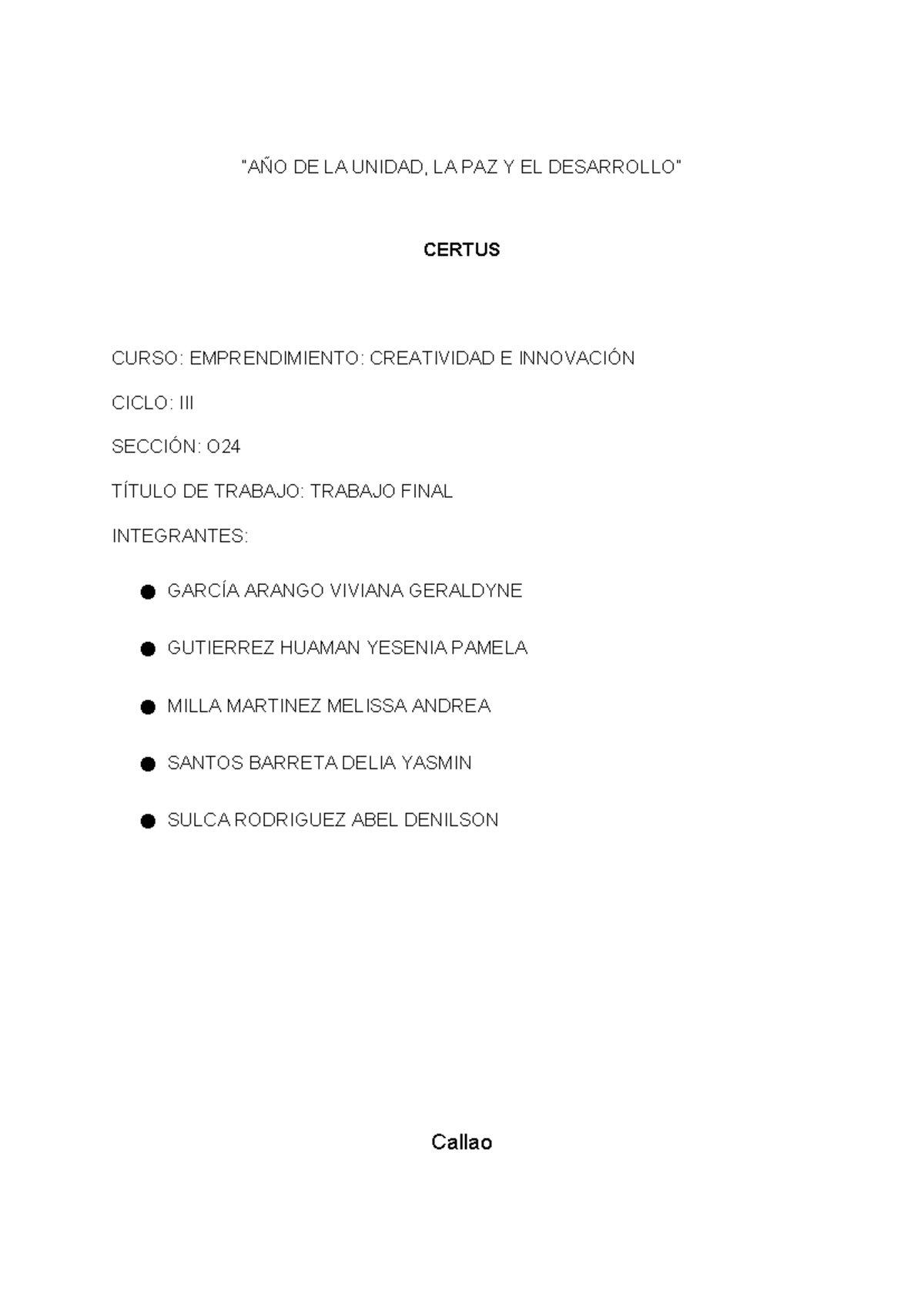 AA2 portas ys bb - “AÑO DE LA UNIDAD, LA PAZ Y EL DESARROLLO” CARÁTULA ...