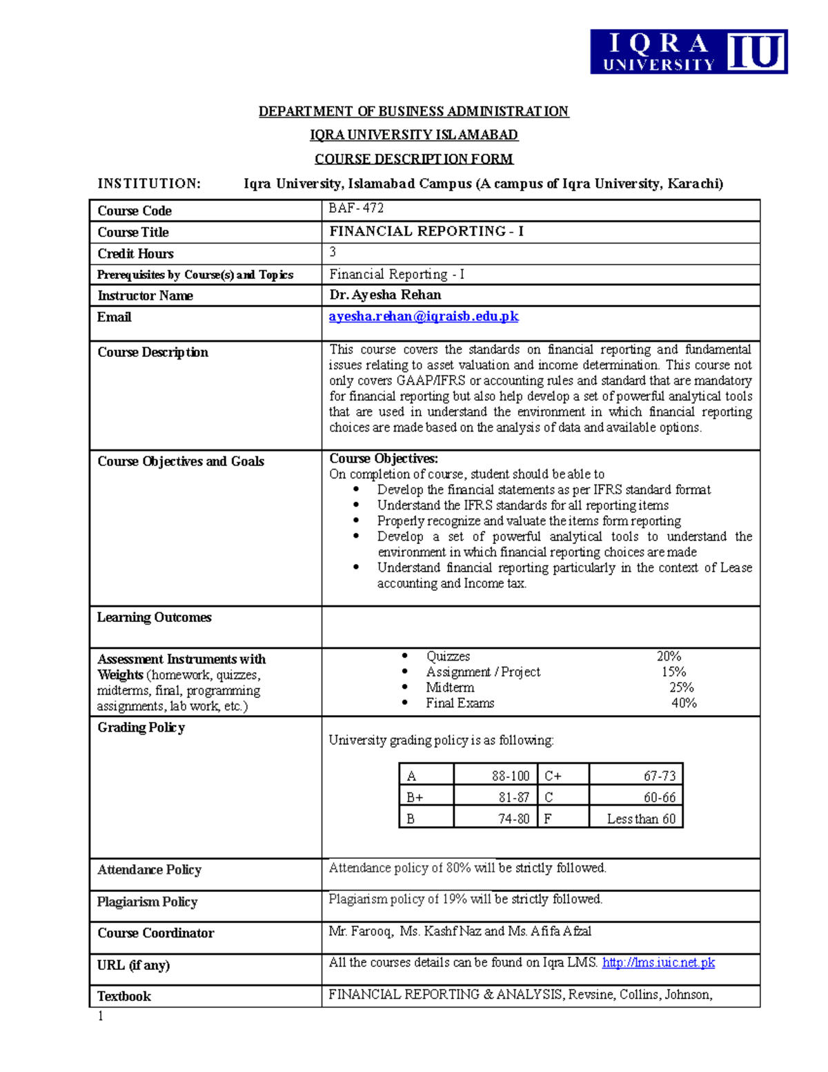 COL - FR - I - Spring 2023 - Dr. Ayesha Rehan - DEPARTMENT OF BUSINESS ...