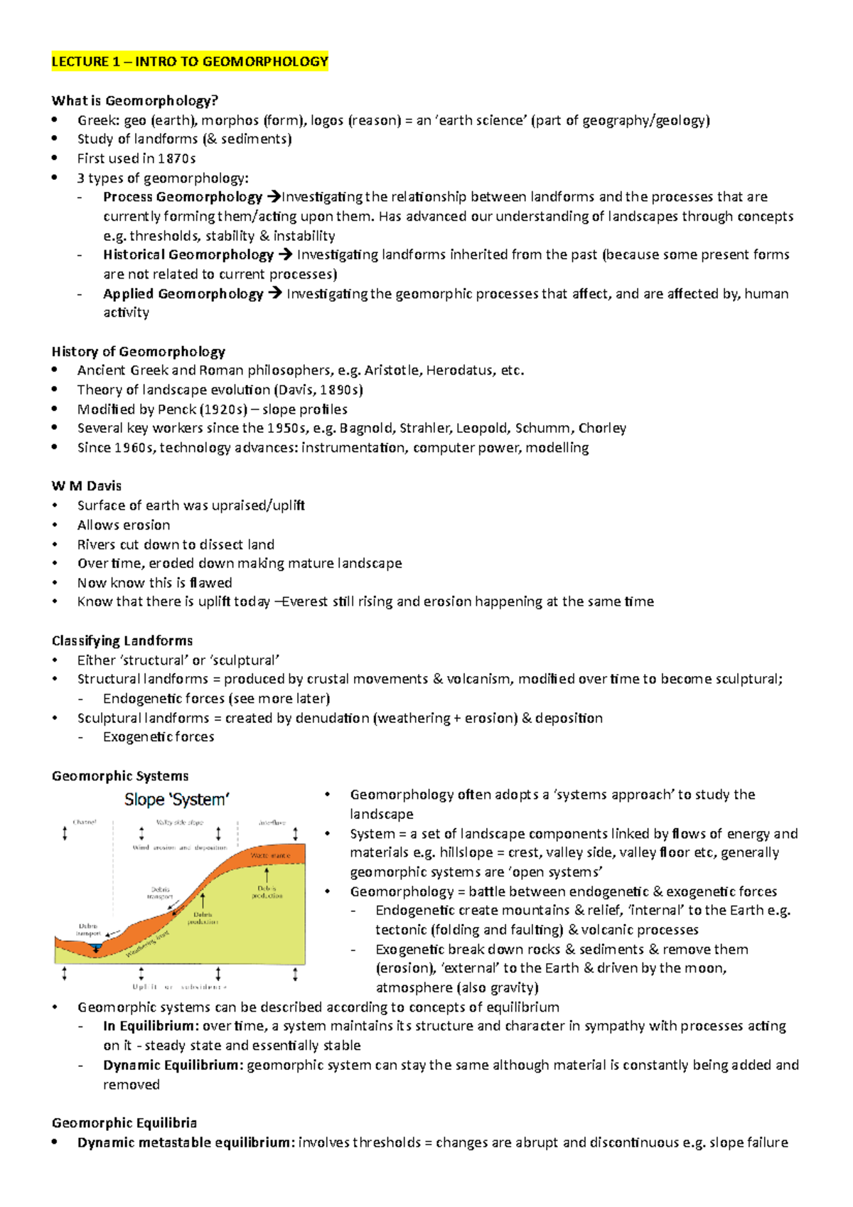 Revision Notes - LECTURE 1 – INTRO TO GEOMORPHOLOGY What is ...