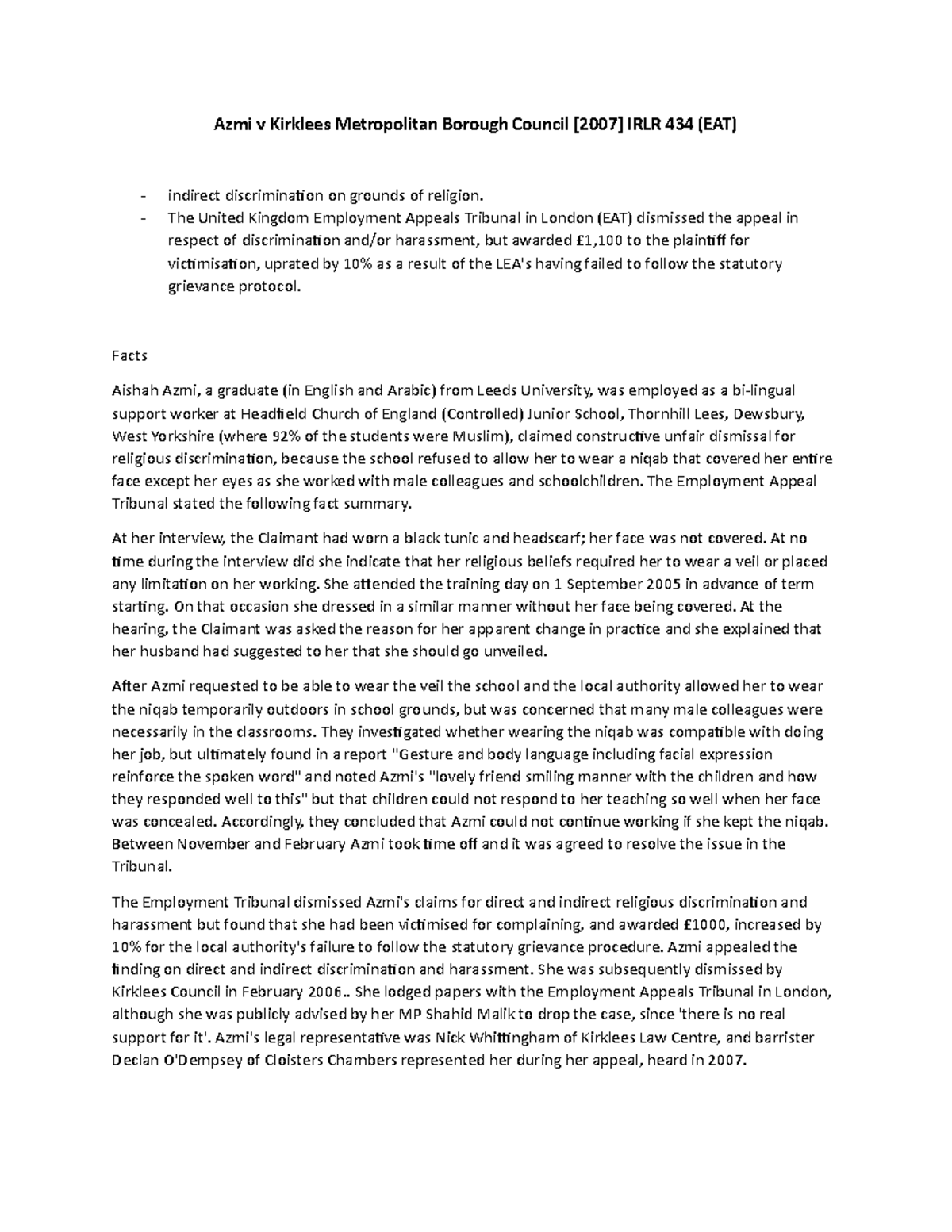 EMP case law - Azmi v Kirklees Metropolitan Borough Council - Azmi v ...