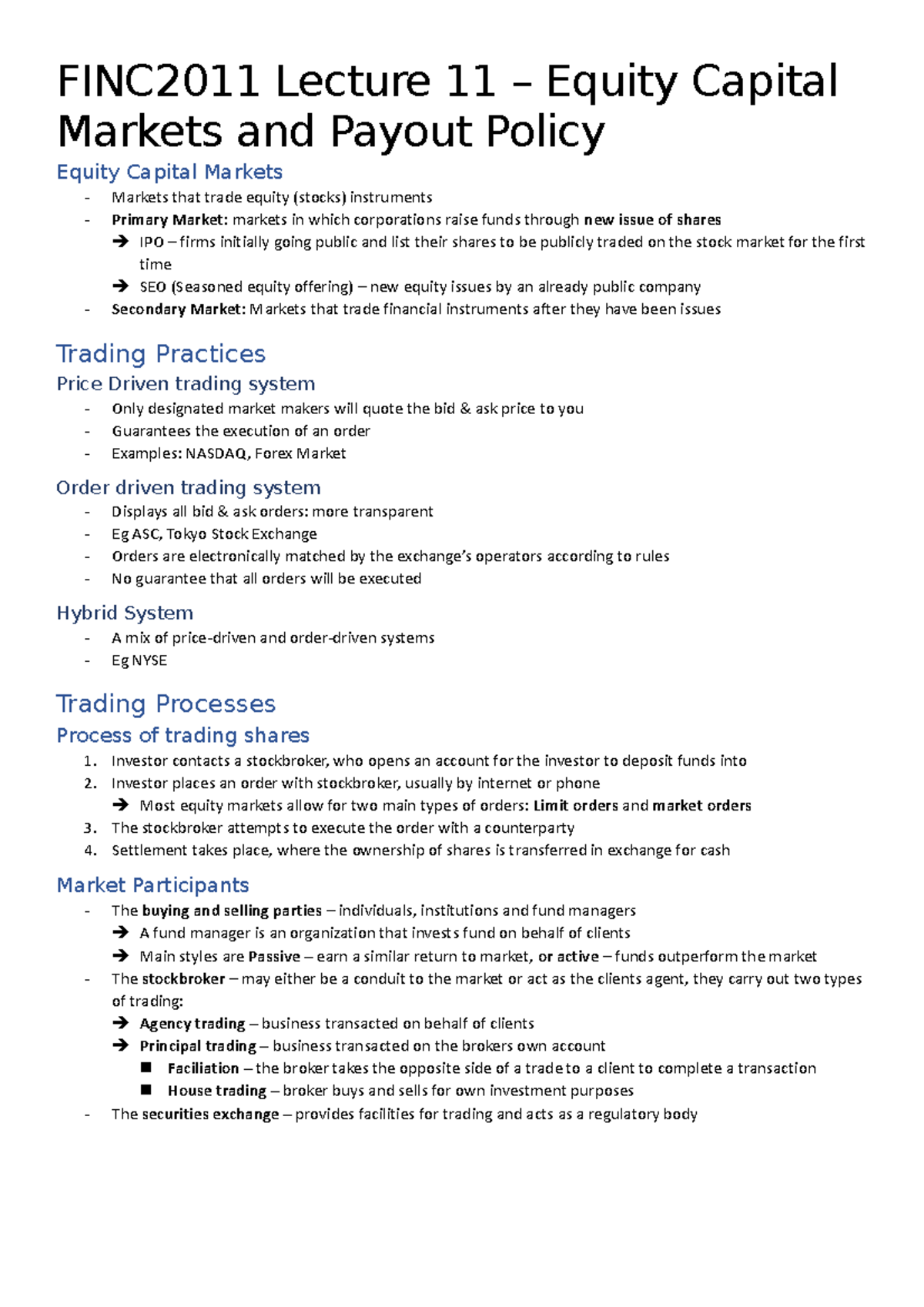 FINC2011 Lecture 11 - Investor contacts a stockbroker, who opens an ...