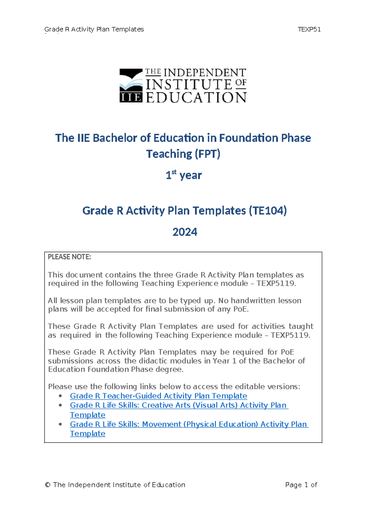 TEXP5119 TE104 Grade R Activity Plan Templates - (FPT) TE 19 © The ...