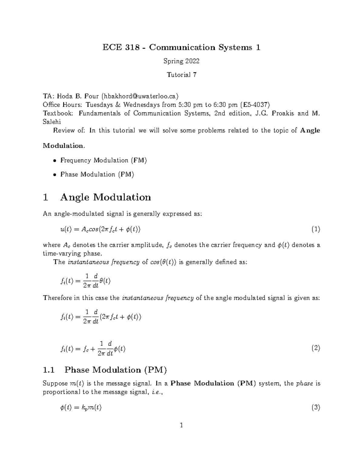 Tutorial 7 - Instructor: Weihua Zhuang - ECE 318 - Communication ...