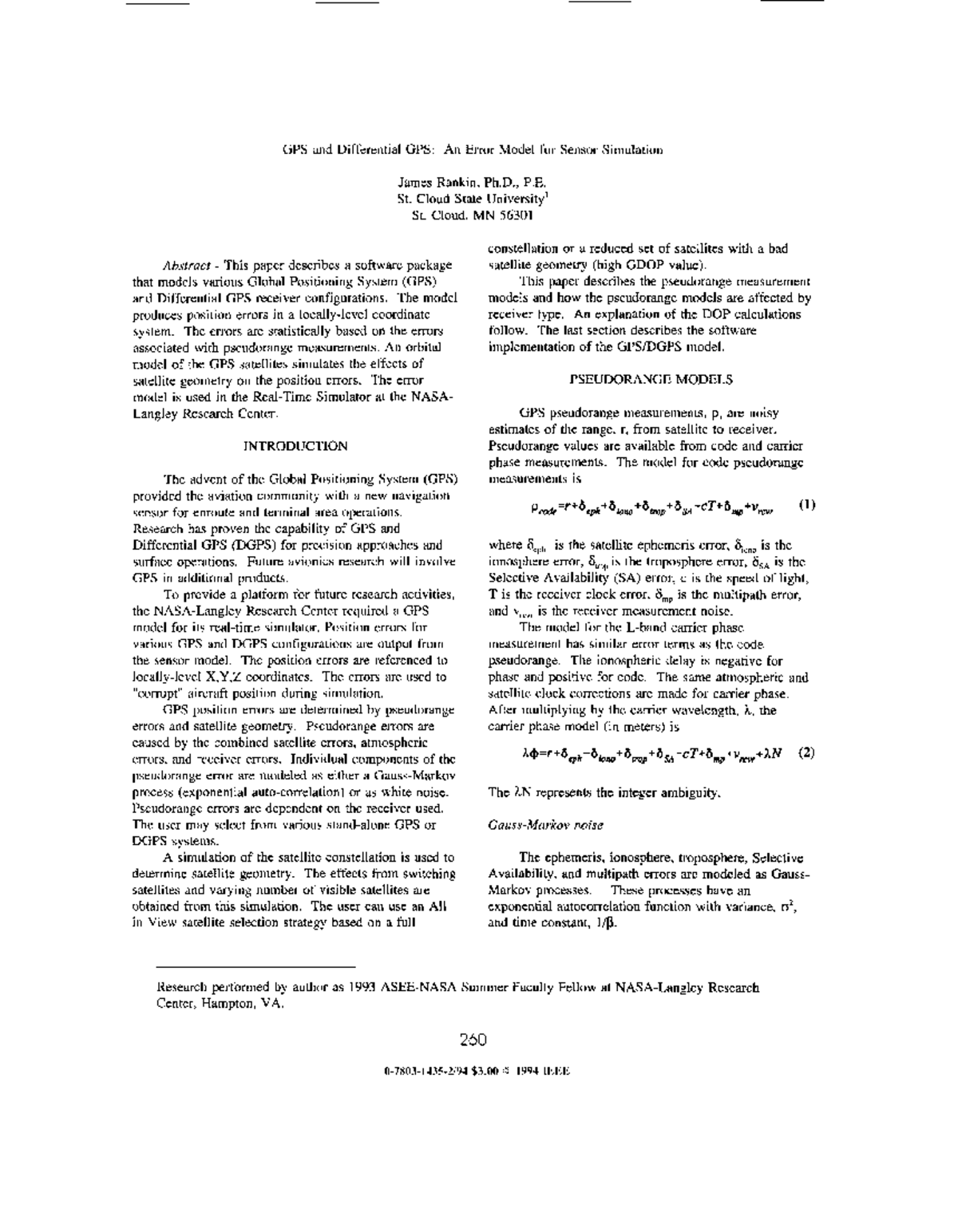 Gps error model 2 - GPS and Differential GPS: An Error Model for Sensor Simulation James Rankin ...