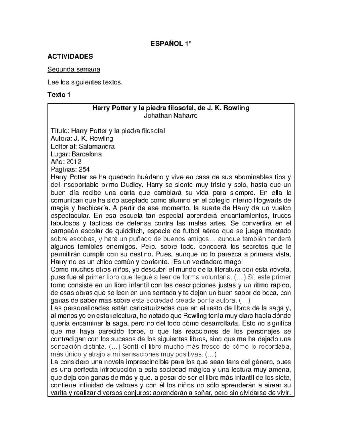 Actividades ESP. 1°LA Reseña - ESPAÑOL 1° ACTIVIDADES Segunda semana ...