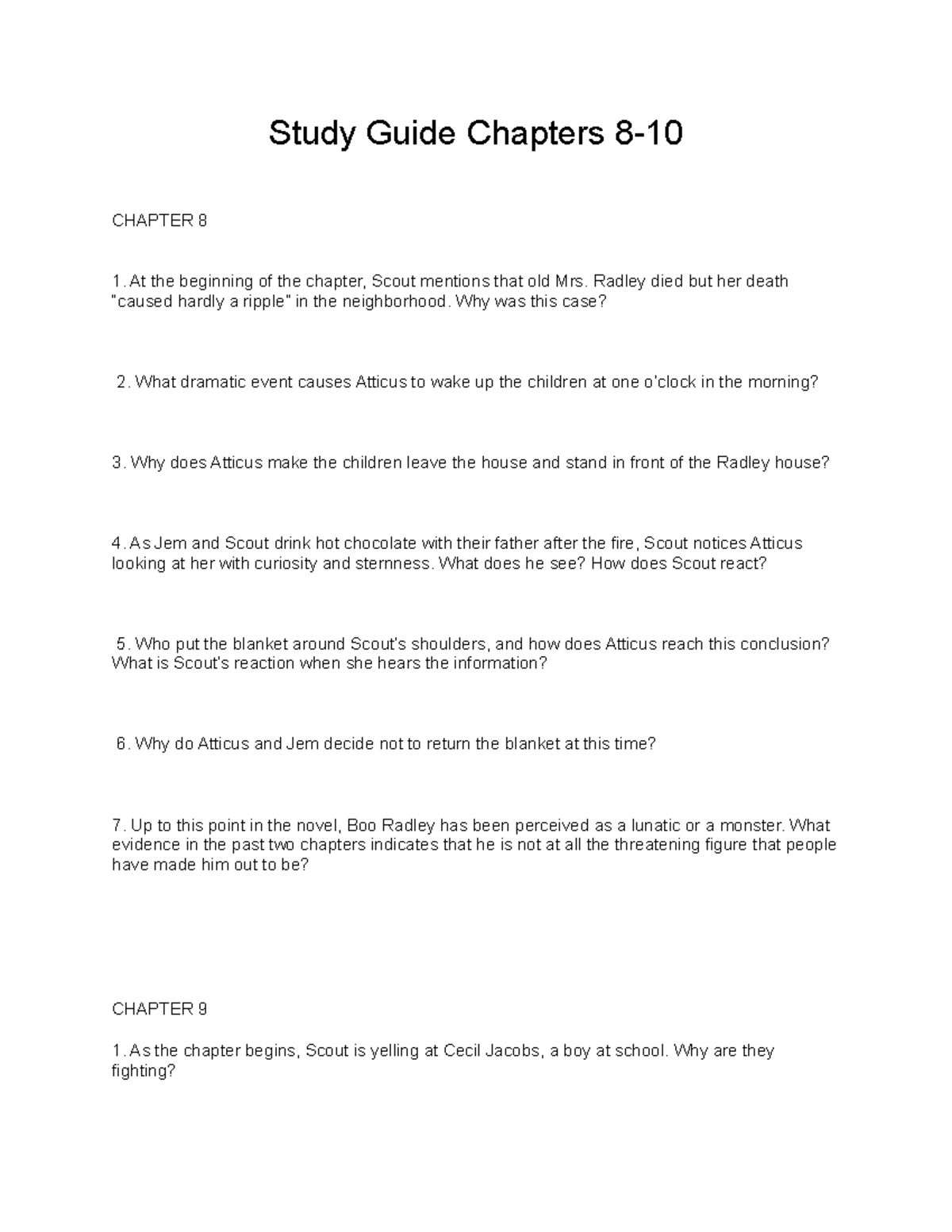 To kill a mockingbird study guide 8-10 - Study Guide Chapters 8 ...
