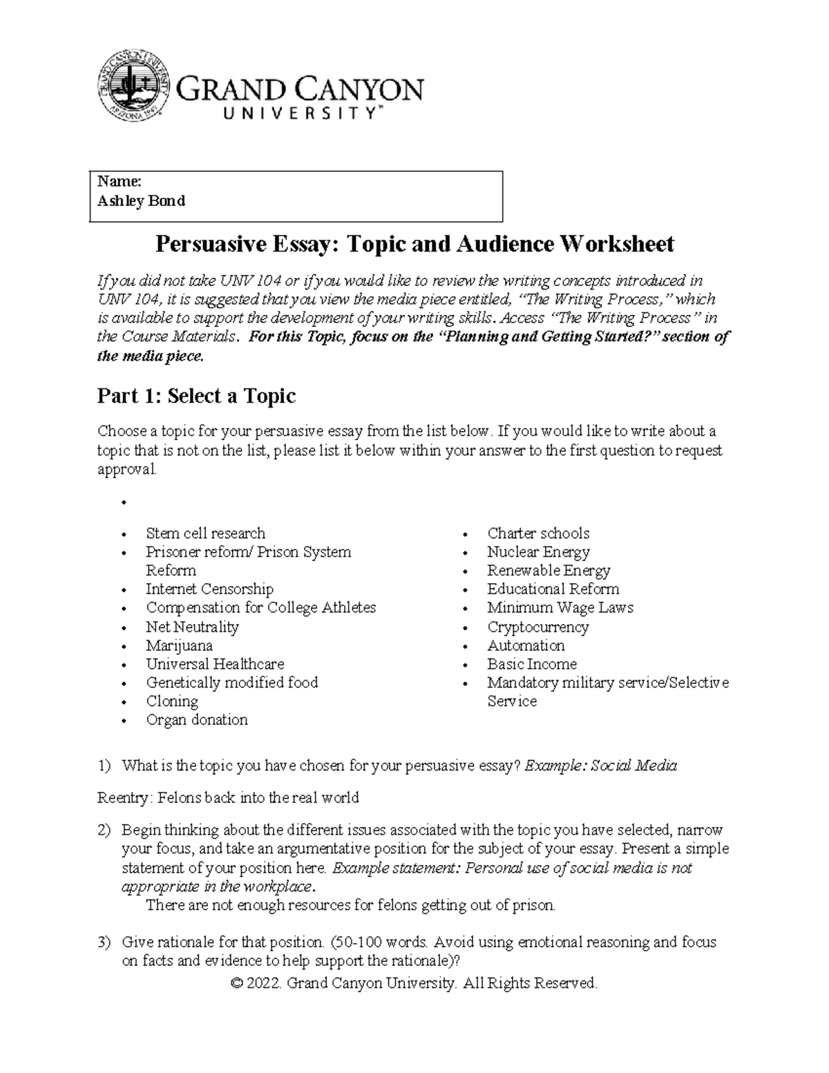 Persuasive Essay: Topic and Audience Worksheet - Access “The Writing ...