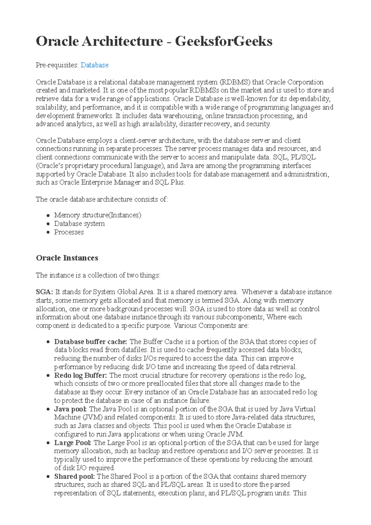 Case study on oracle - Pre-requisites: Database Oracle Database is a ...