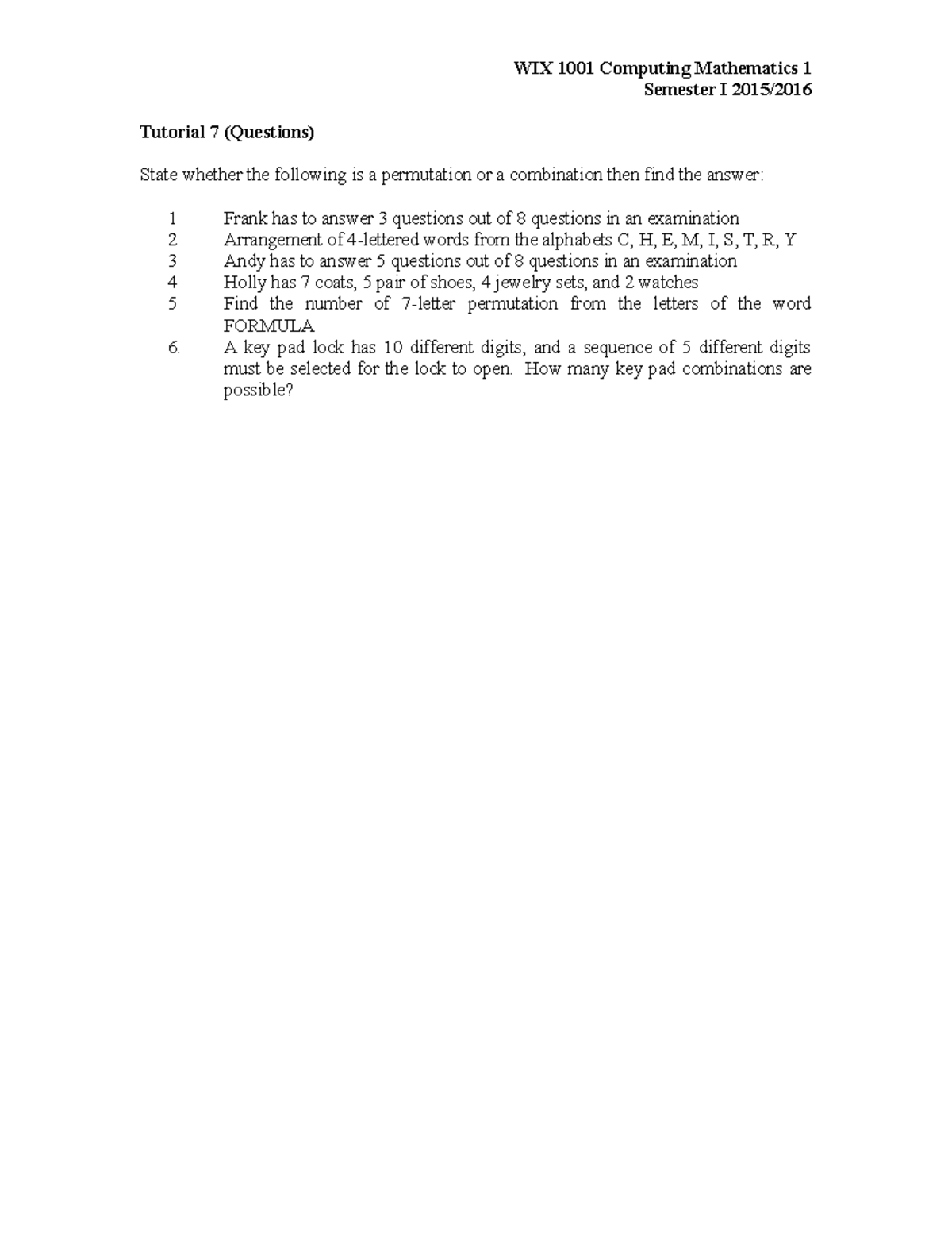 24. W11 Tutorial 7 (Questions) - WIX 1001 Computing Mathematics 1 ...