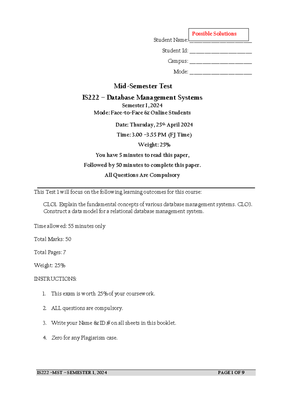 MST IS222 S12024 Possible Solutions - Student Name: _____________________________ Student Id ...