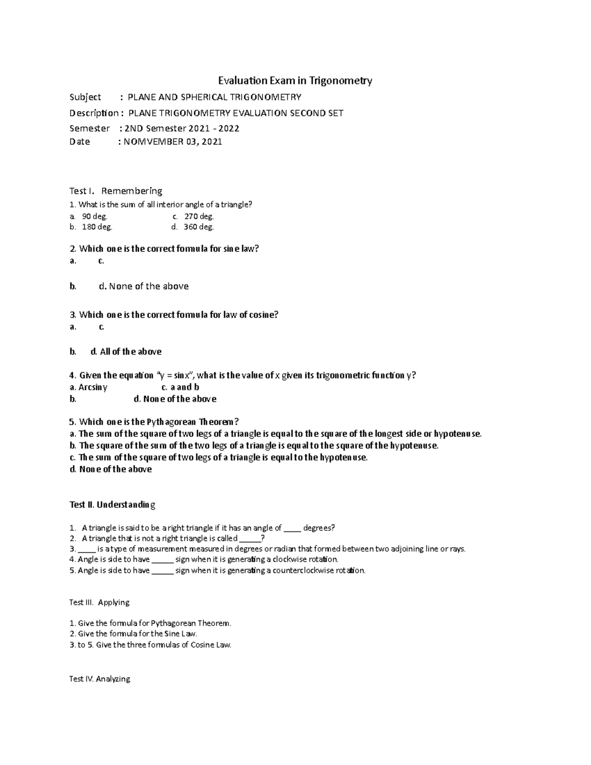 Evaluation Exam in Trigonometry 2nd Set - Evaluation Exam in ...