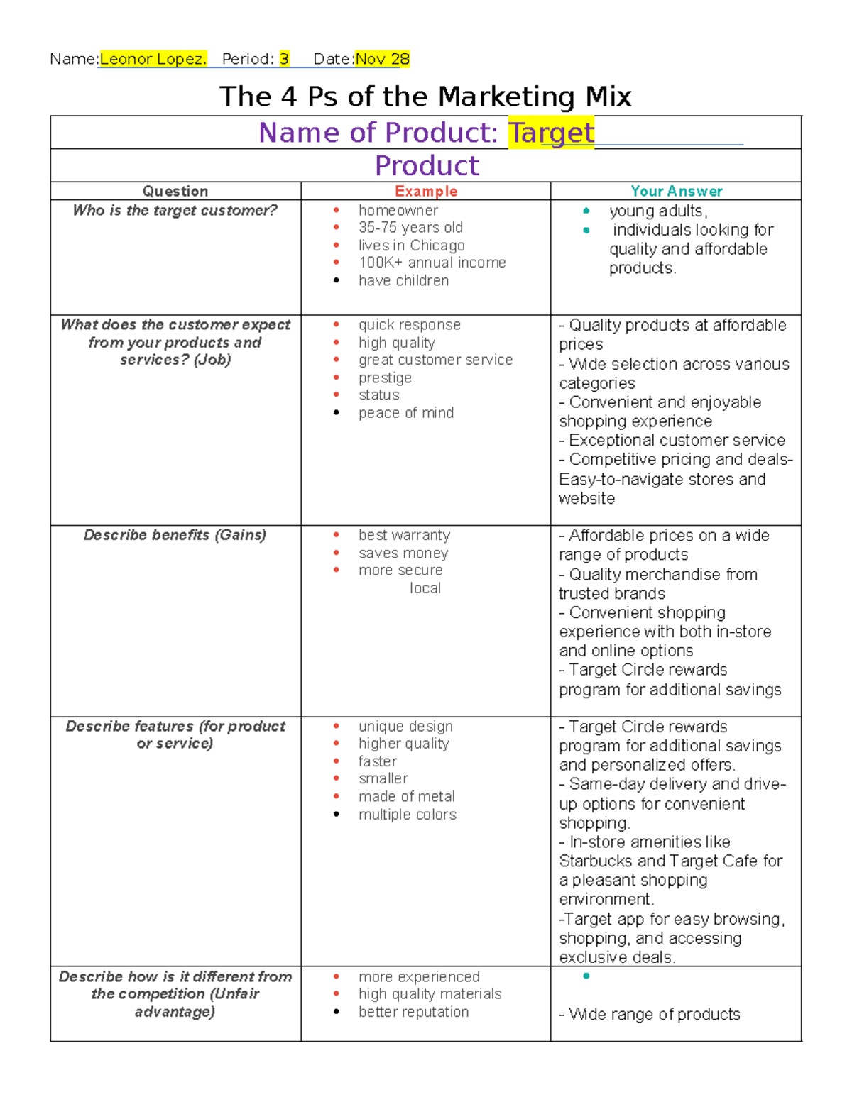 4 Ps of the Marketing Mix Template - Name:Leonor Lopez. Period: 3 Date ...