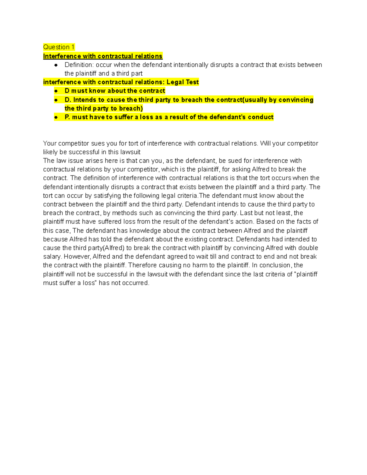 Law midterm question practice - Question 1 Interference with ...