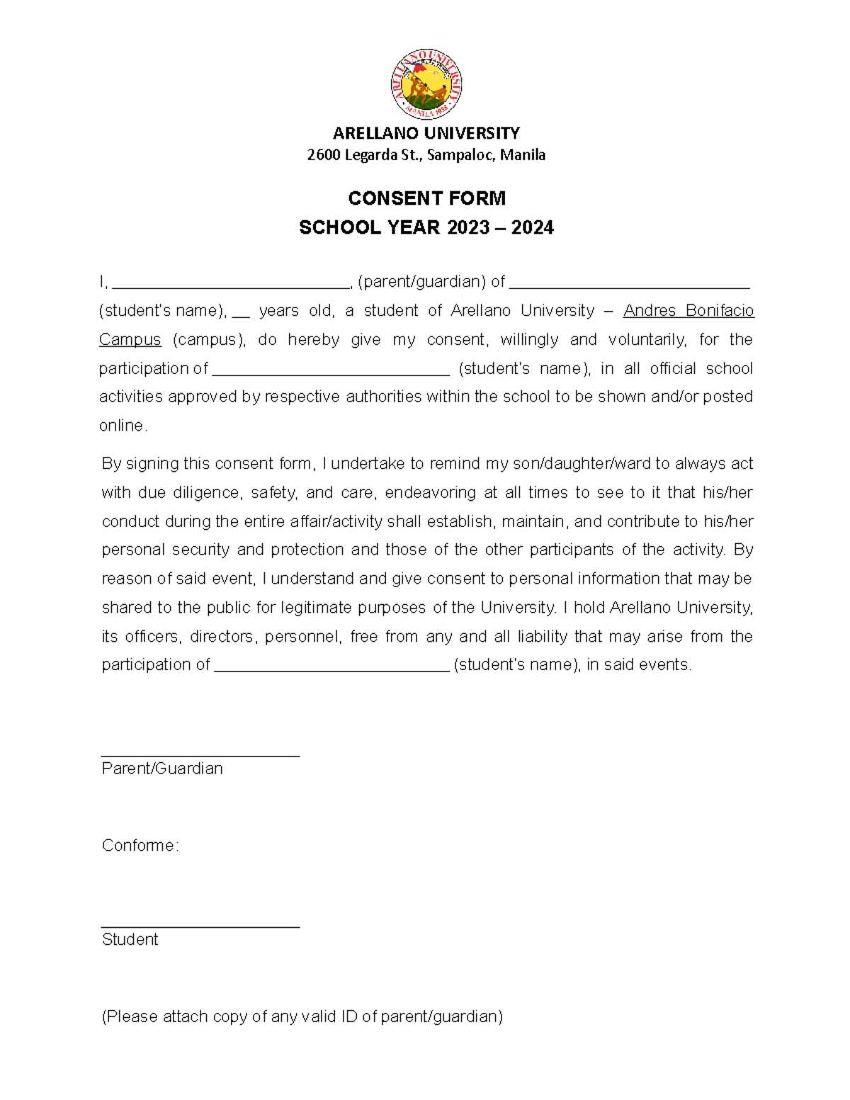 Consent-Form - 12345 - ARELLANO UNIVERSITY 2600 Legarda St., Sampaloc ...