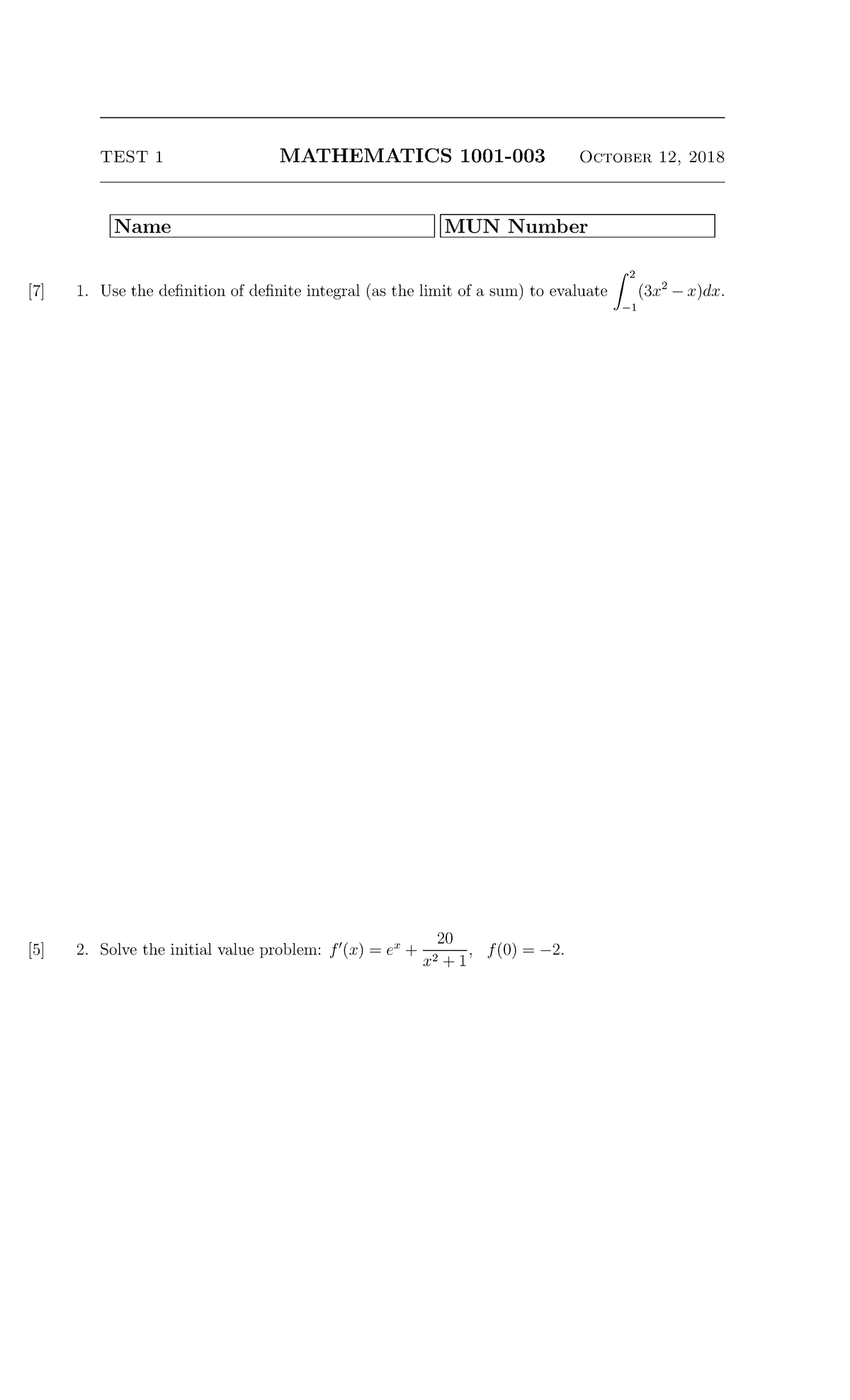 M1001-003T1F18 - This is midterm 1 question paper - Math 1001 - TEST 1 ...