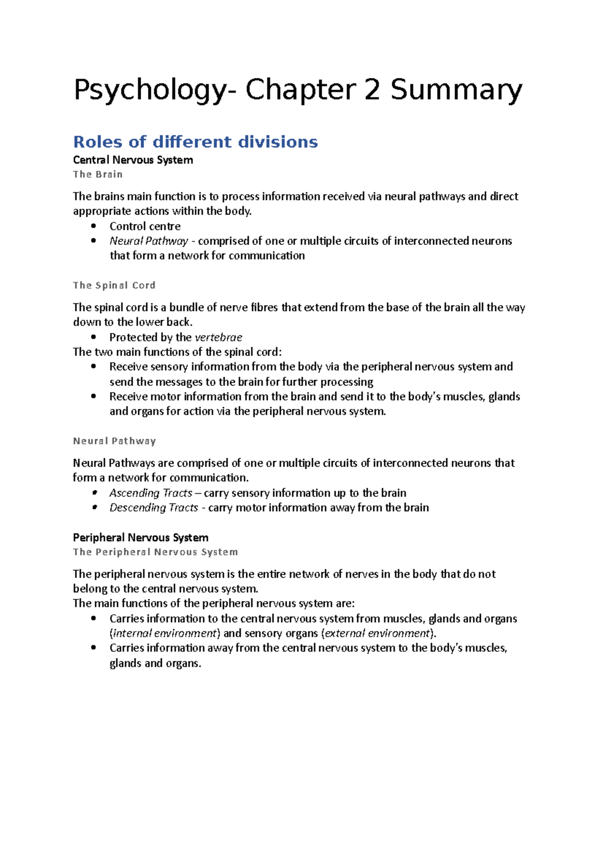 Psych Chapter 1 Notes - Psychology- Chapter 2 Summary Roles of ...