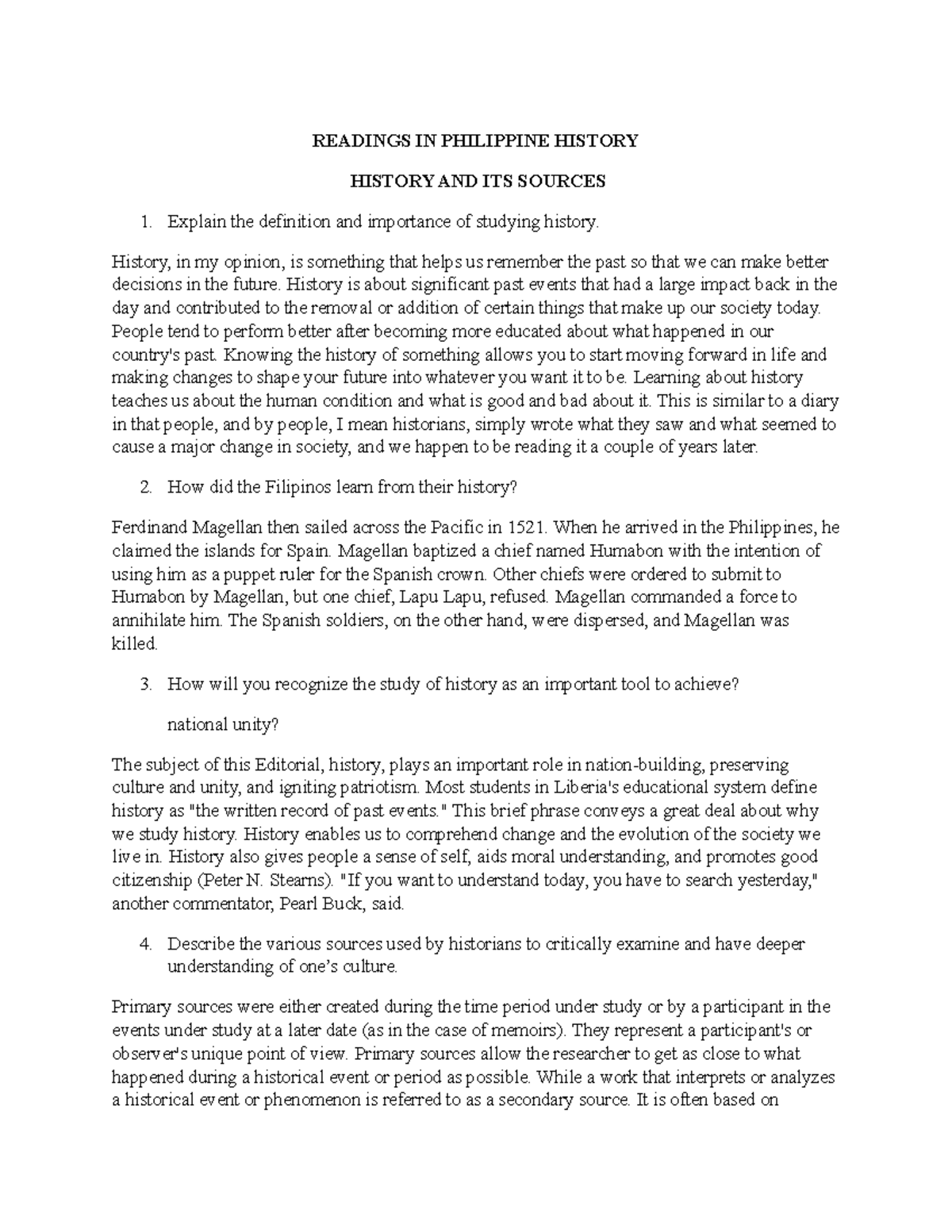 Readings IN Philippine History History AND ITS Sources - READINGS IN ...