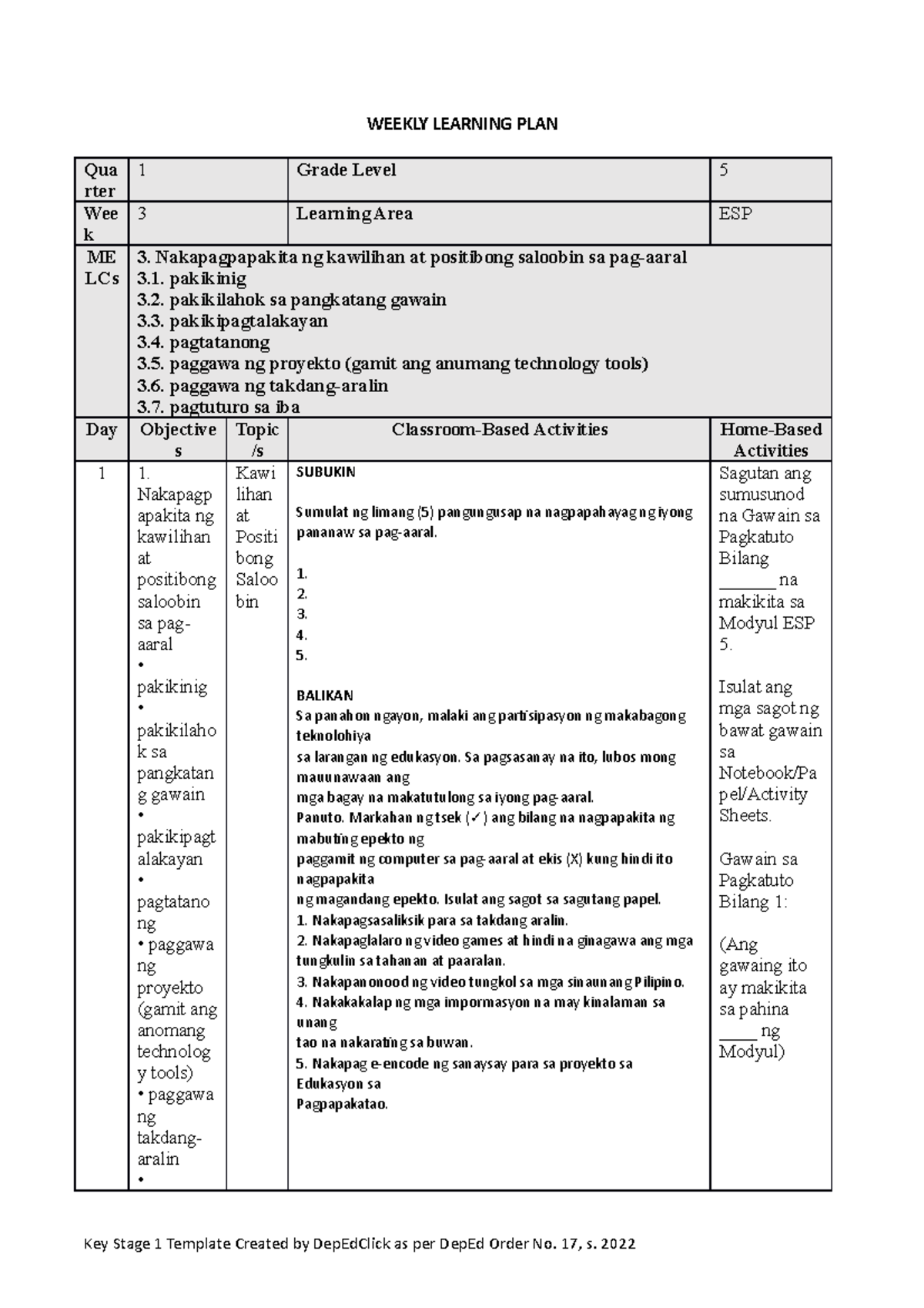 WLP Q1 W3 G5 - module - WEEKLY LEARNING PLAN Qua rter 1 Grade Level 5 ...