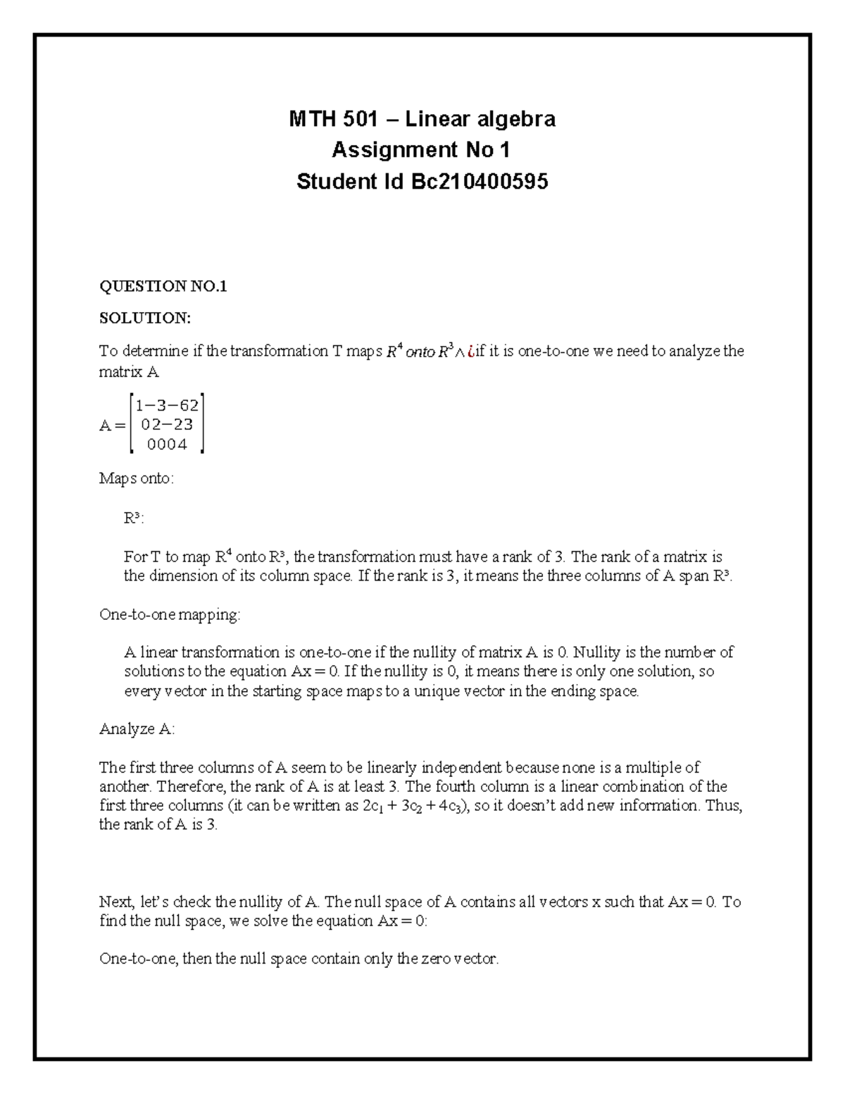MTH 501 bc21040595 - Assignment of 2024 - MTH 501 – Linear algebra Assignment No 1 Student Id Bc ...
