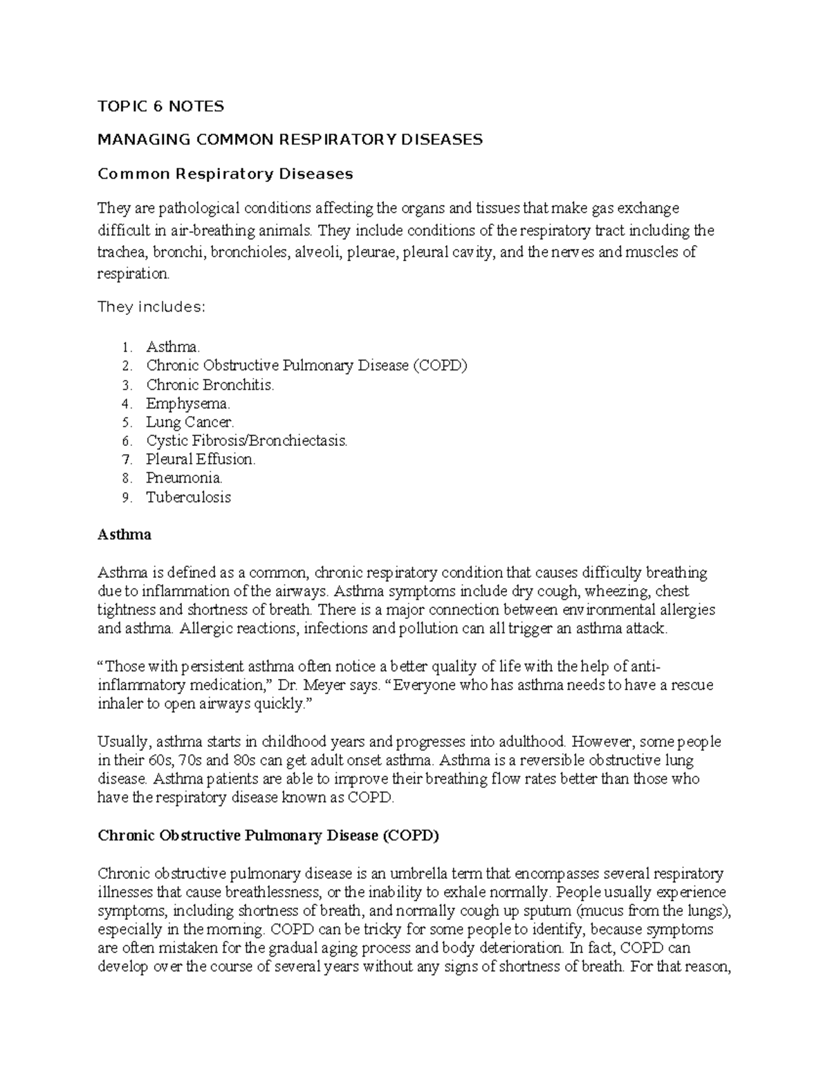 Topic 6 Notes - TOPIC 6 NOTES MANAGING COMMON RESPIRATORY DISEASES ...