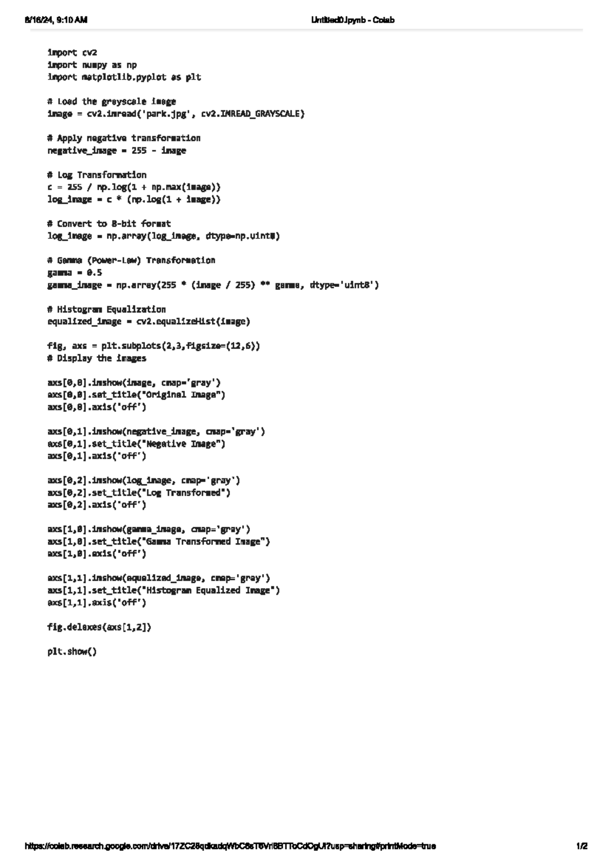 1.3 cv - computer vision ws - 9:10 AM Untitled0 Colab import cv2 import numpy as np import - Studocu