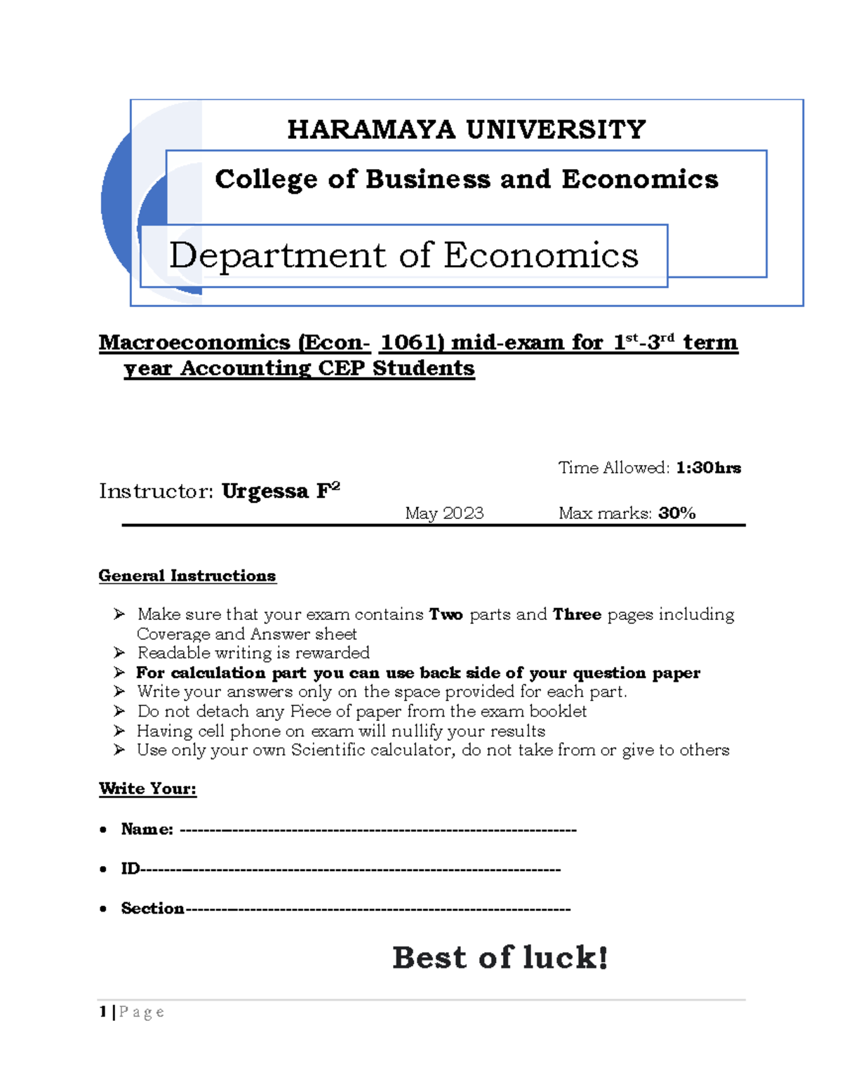 Macroeconomics Mid exam for Acc cep - 1 | P a g e Macroeconomics (Econ ...