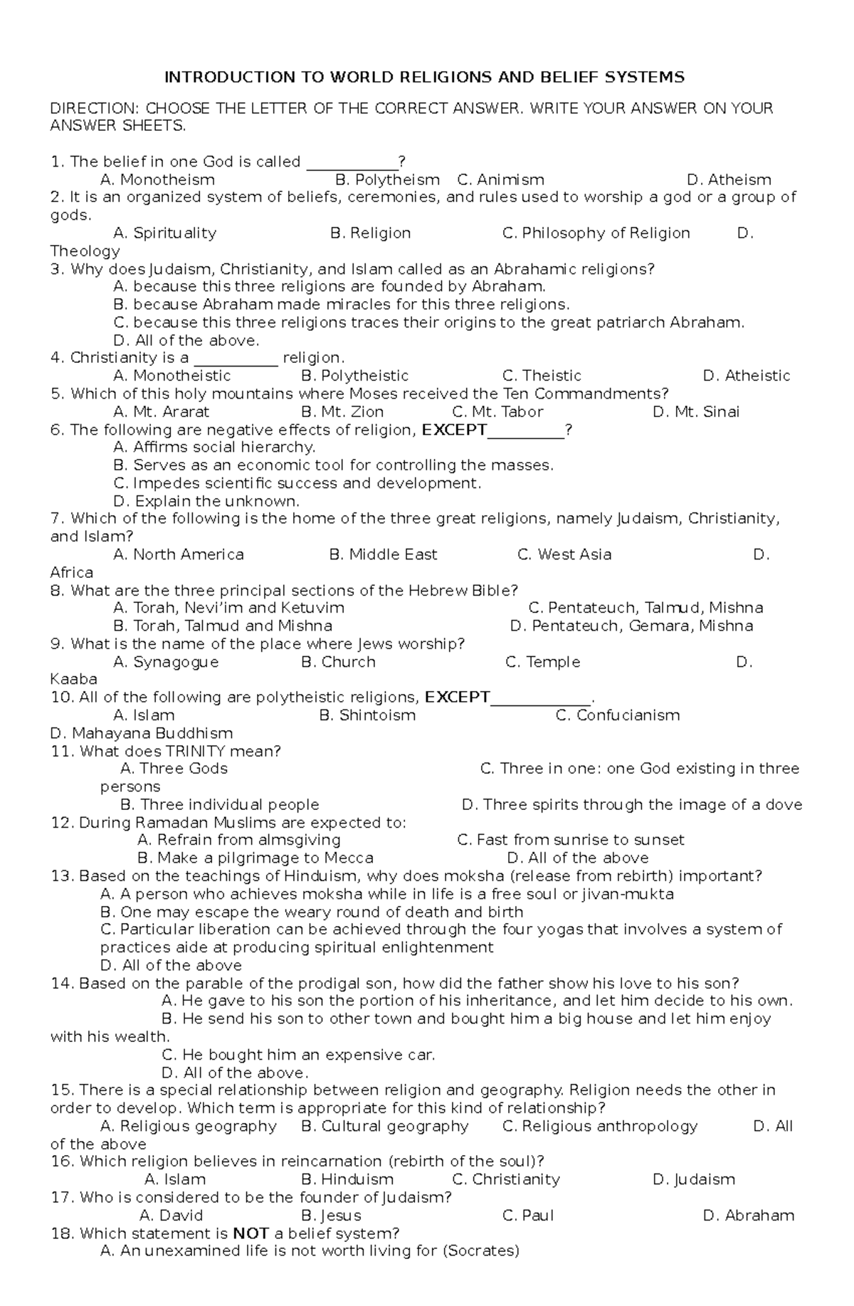 Quarter 1- Religion - Prototype Lesson Plan - INTRODUCTION TO WORLD ...