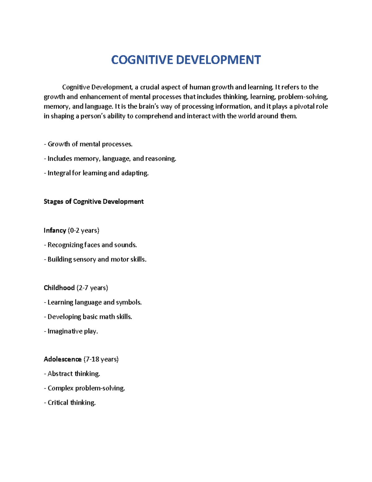 Cognitive Development - COGNITIVE DEVELOPMENT Cognitive Development, a ...