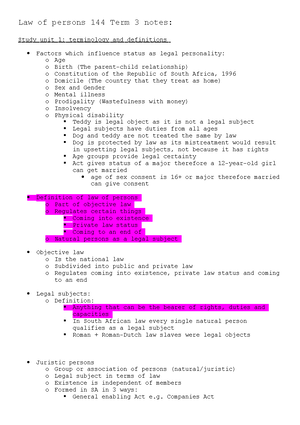Law of Persons notes 1,2 - Study Unit 1: Introduction to the Law of ...
