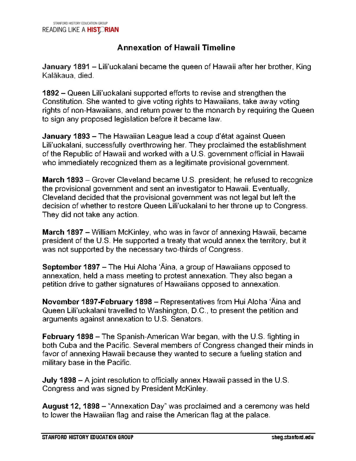 Hawaii Annexation Student Materials - STANFORD HISTORY EDUCATION GROUP ...