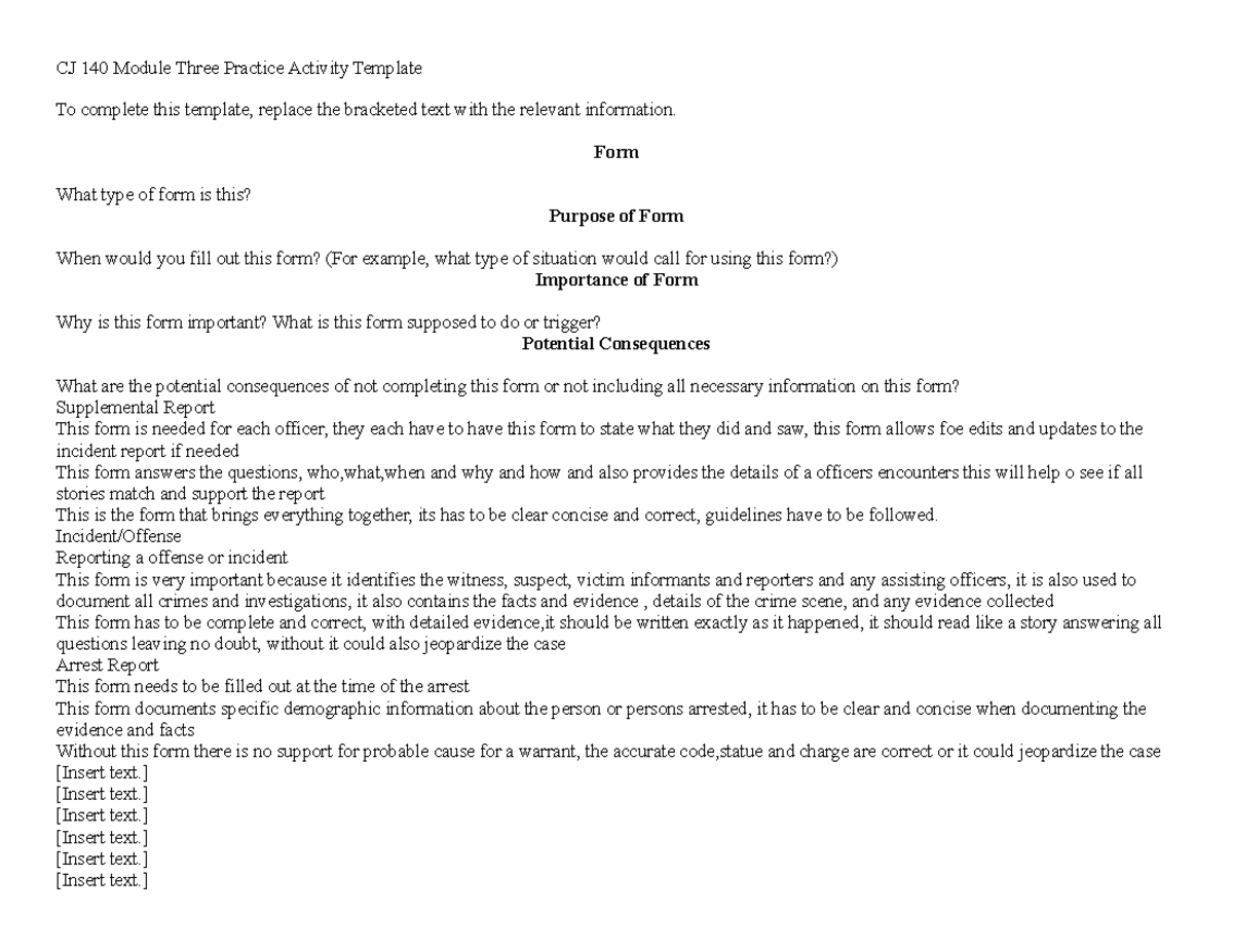 CJ 140 Module Three Practice Activity Template - Form What type of form ...