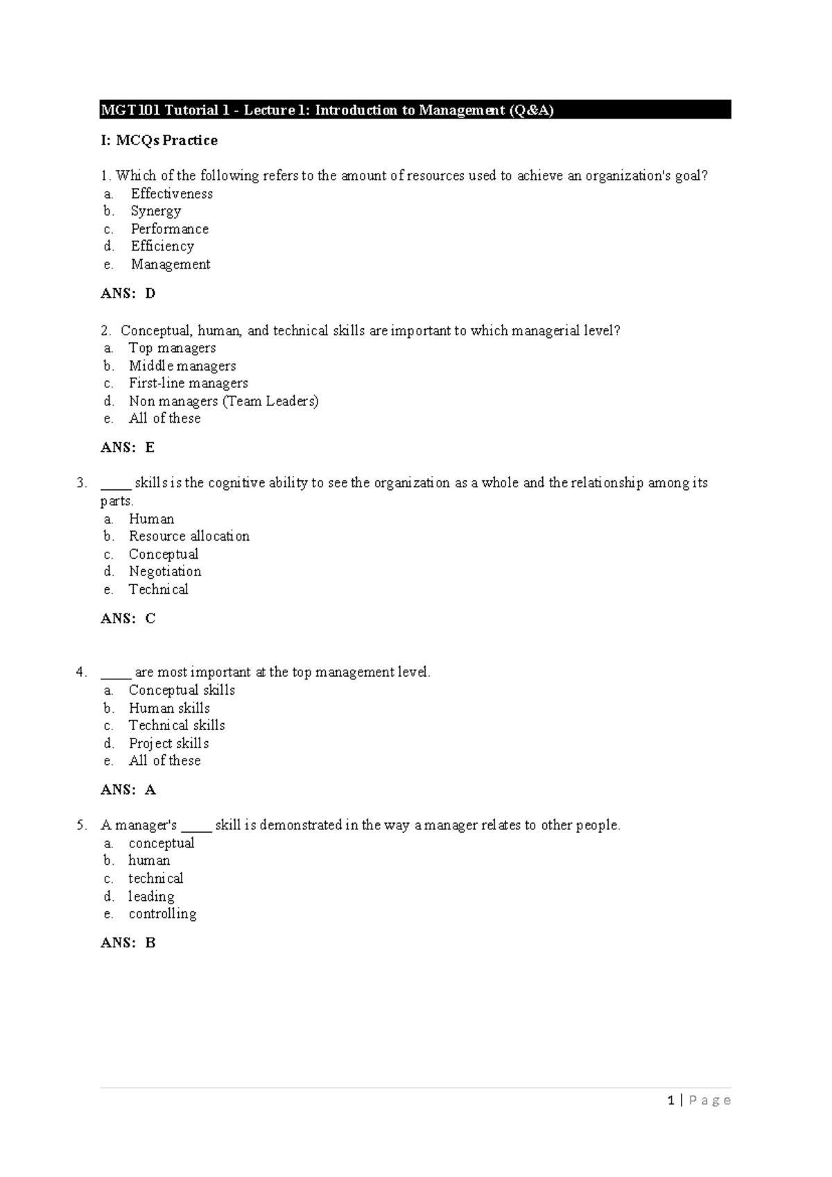 Tutorial 1 Answers - MGT101 Tutorial 1 - Lecture 1: Introduction to Management (Q&A) I: MCQs ...