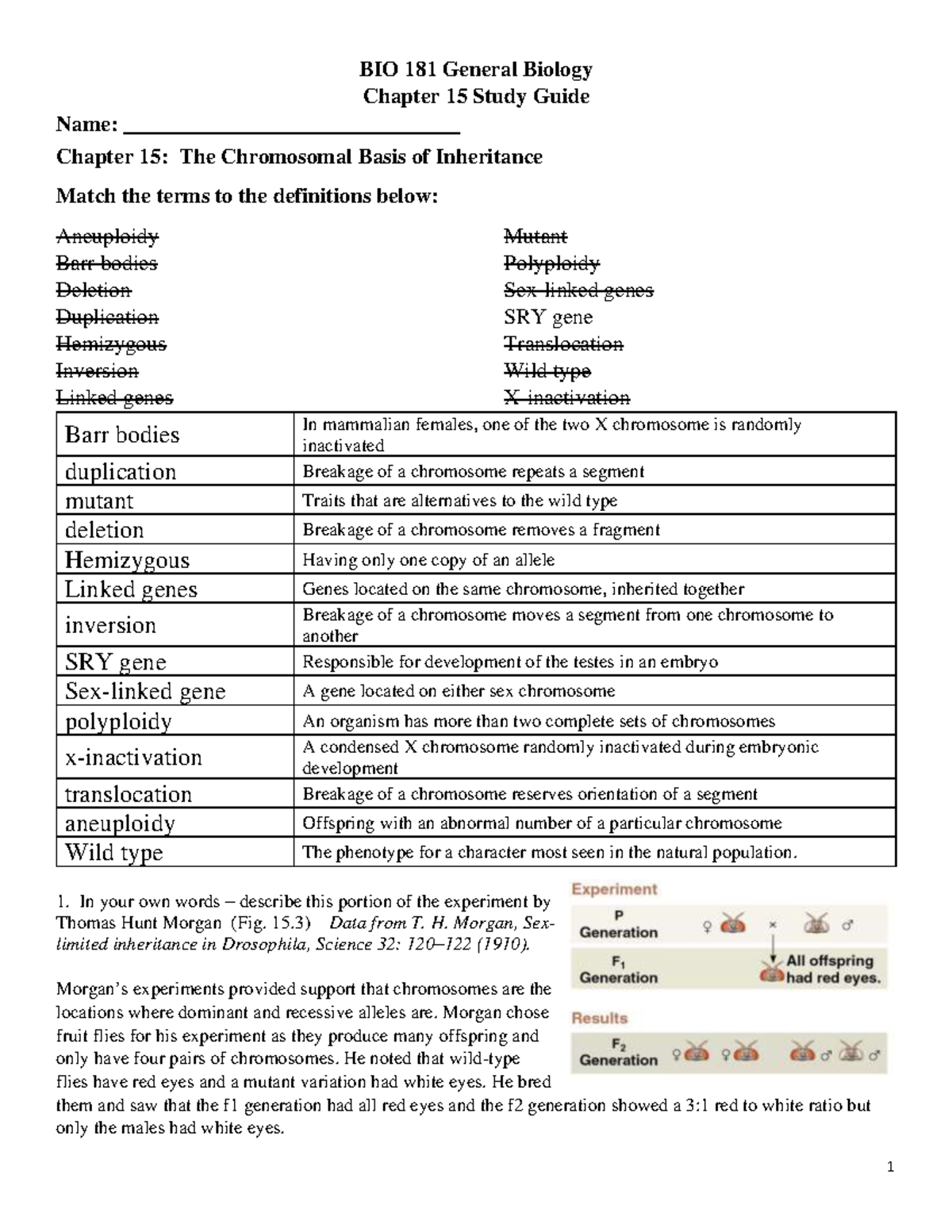Chapter 15 Study Guide F23 - BIO 181 General Biology Chapter 1 5 Study ...