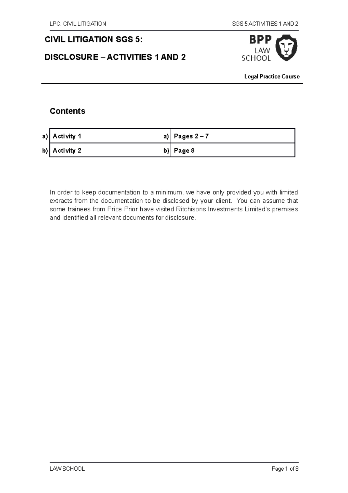 Civil Litigation SGS 5 Activities 1 and 2 - LPC: CIVIL LITIGATION SGS 5 ...