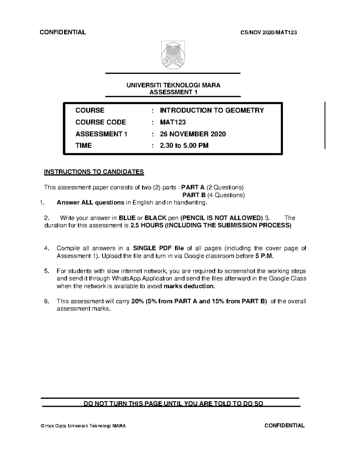 Assessment 1 AND Suggested Answer Scheme MAT123 NOV 2020 - INSTRUCTIONS ...