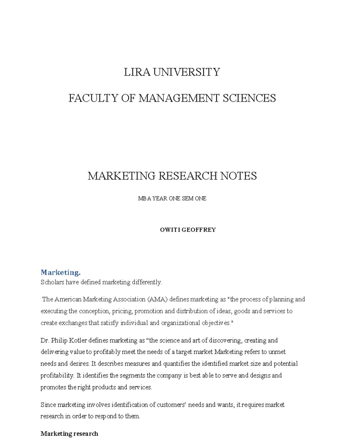 Marketing Research MBA Notes - LIRA UNIVERSITY FACULTY OF MANAGEMENT ...