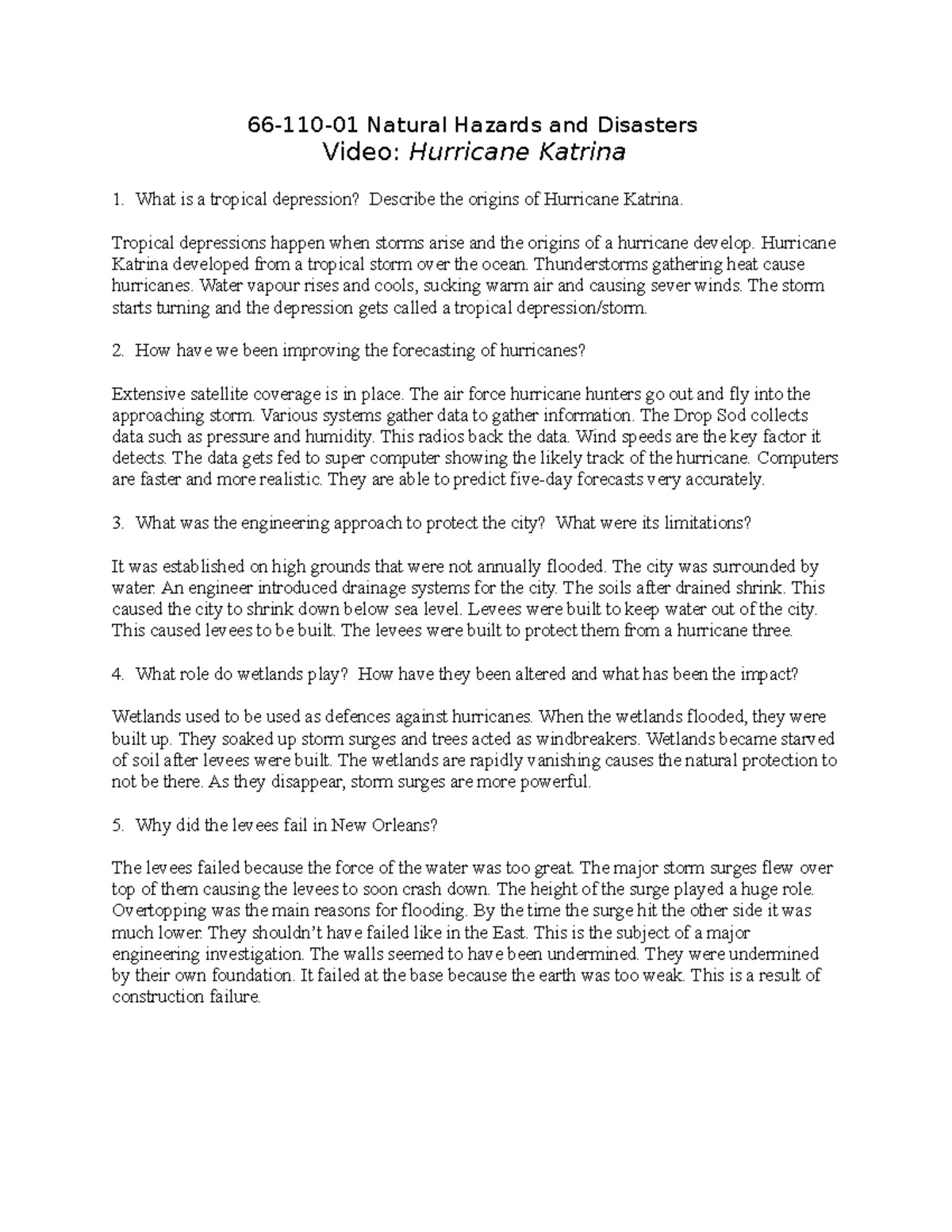 Video Questions - Hurricane Katrina - Natural Hazards and Disasters ...