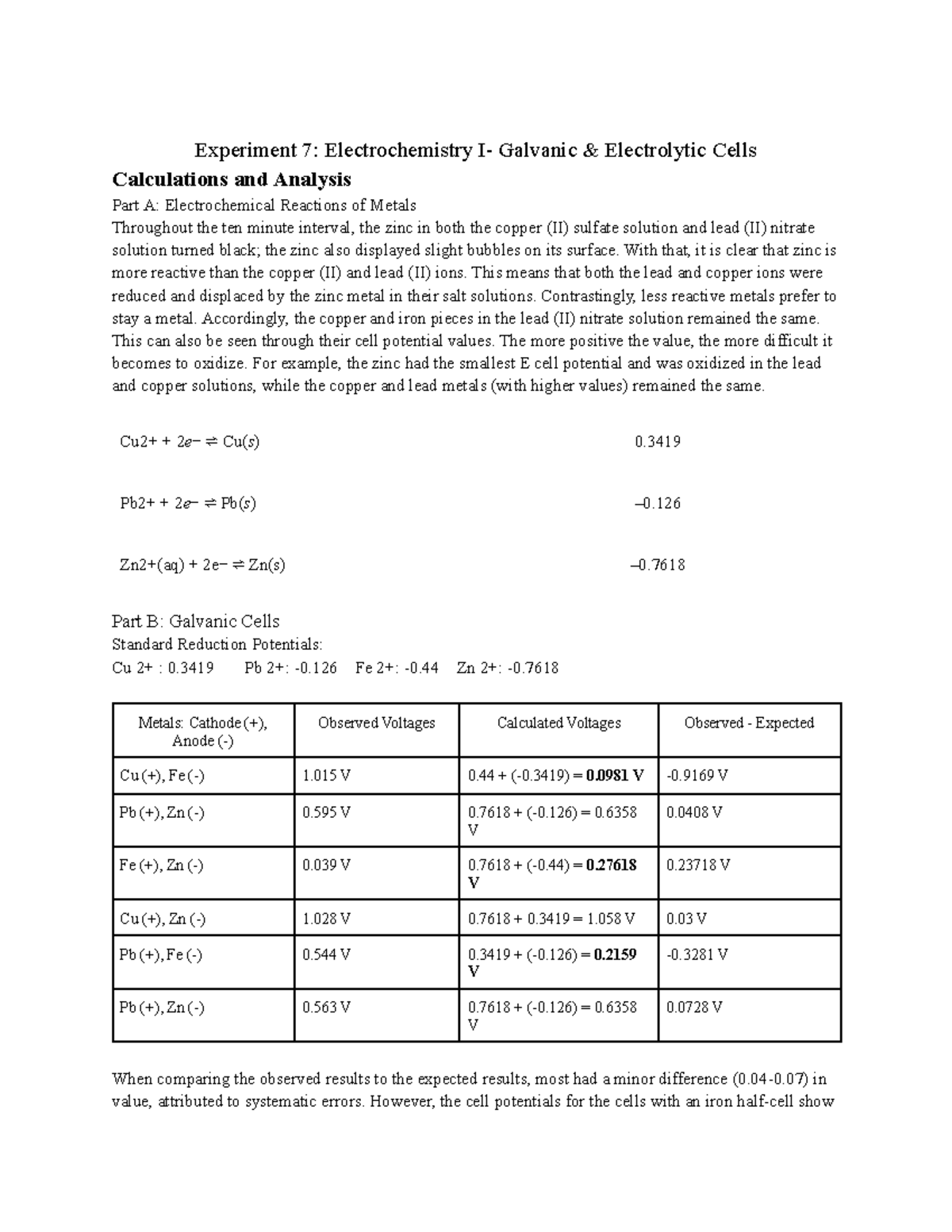 Postlab-Experiment 7 -2 - Experiment 7: Electrochemistry I- Galvanic ...
