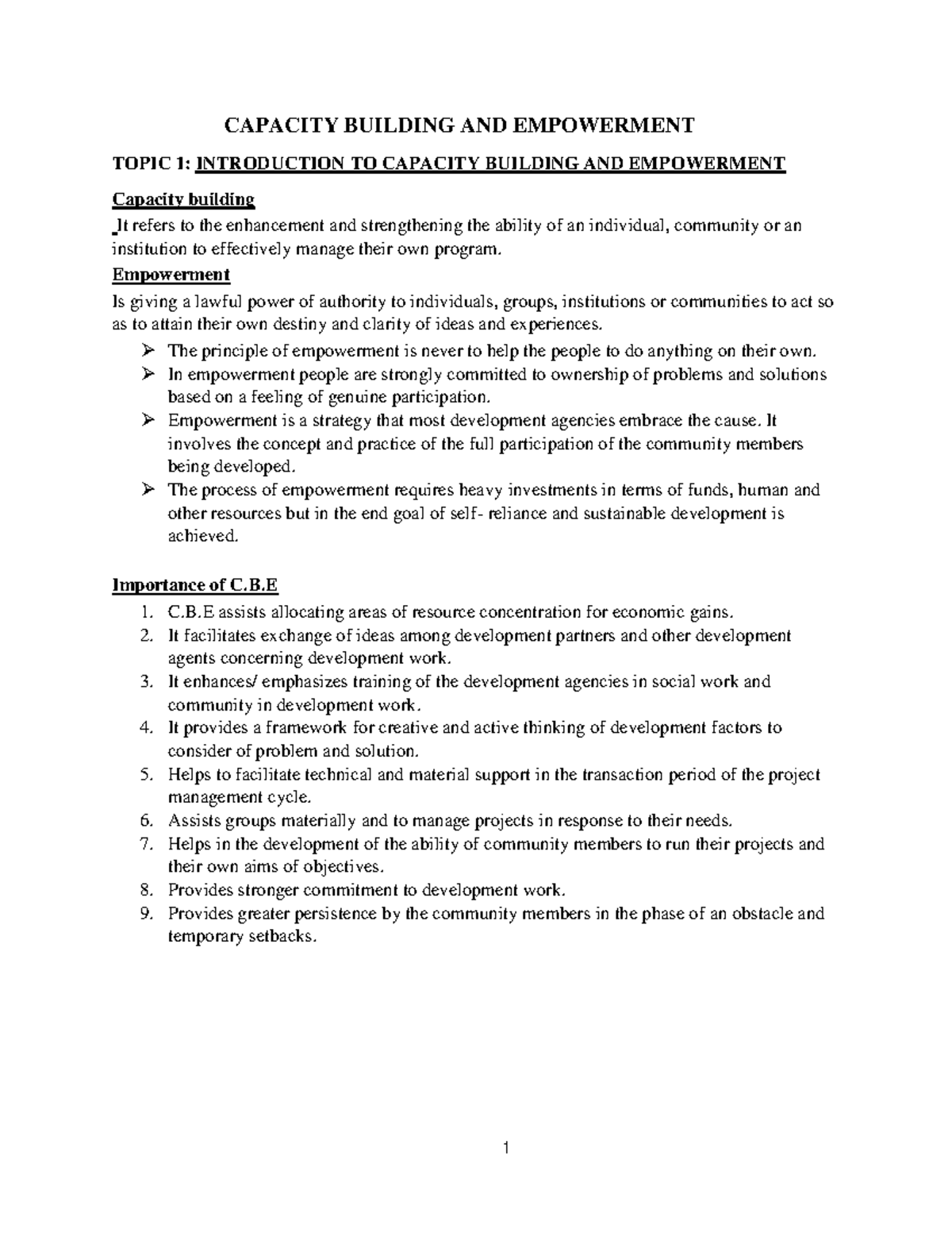 CBE Notes - CAPACITY BUILDING AND EMPOWERMENT TOPIC 1: INTRODUCTION TO ...