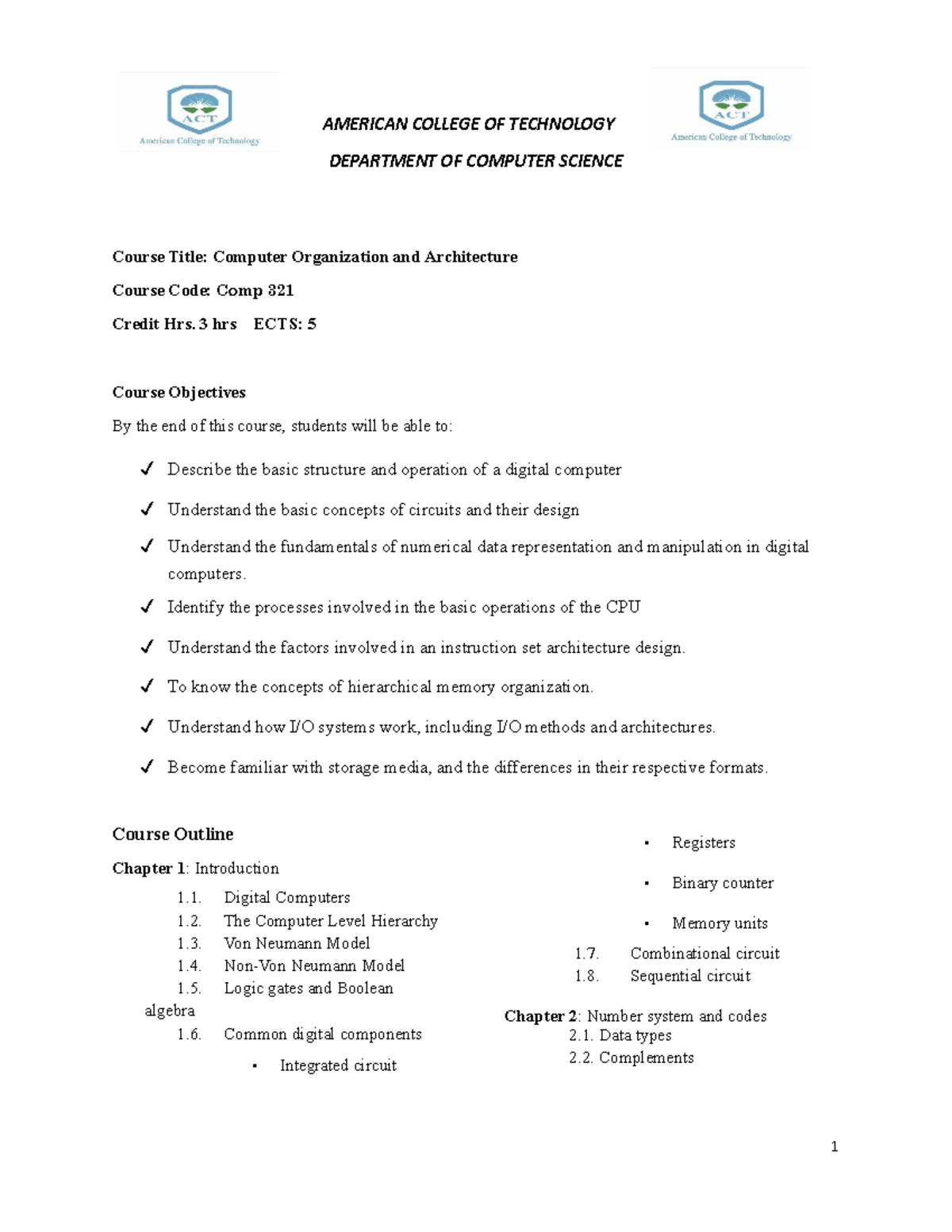 COMP 321 Course Outline - AMERICAN COLLEGE OF TECHNOLOGY DEPARTMENT OF COMPUTER SCIENCE Course ...
