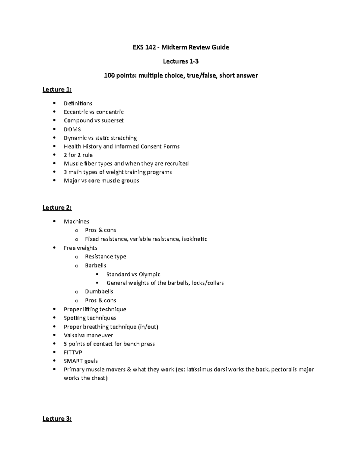 EXS 142 - Midterm Review Guide - EXS 142 - Midterm Review Guide ...