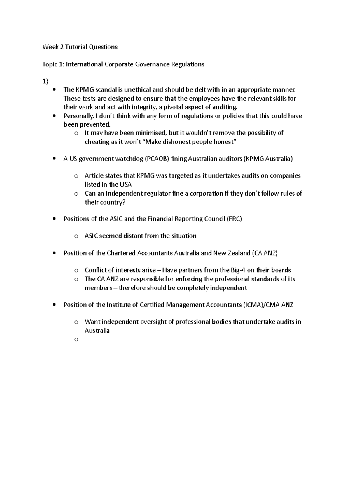 Week 2 Tutorial Questions - Week 2 Tutorial Questions Topic 1: International Corporate ...
