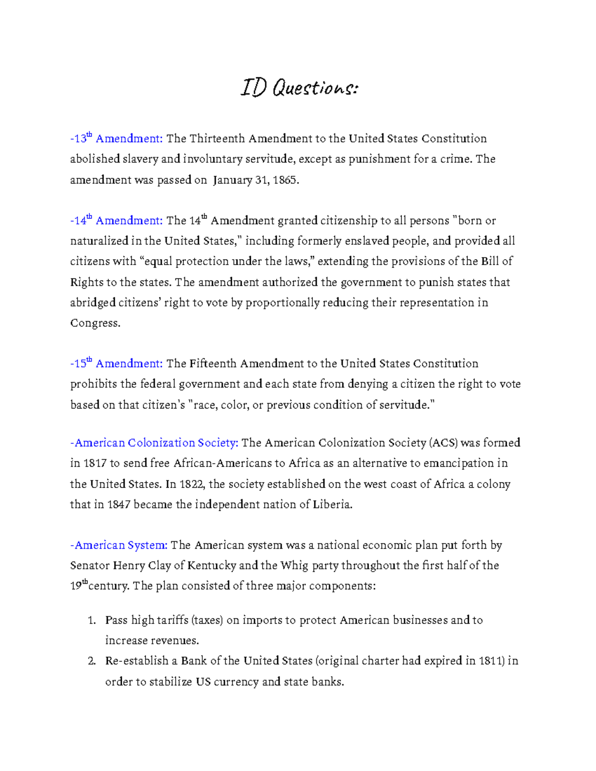 US History until 1865 final exam review guide - ID usos: -13thAmendment ...